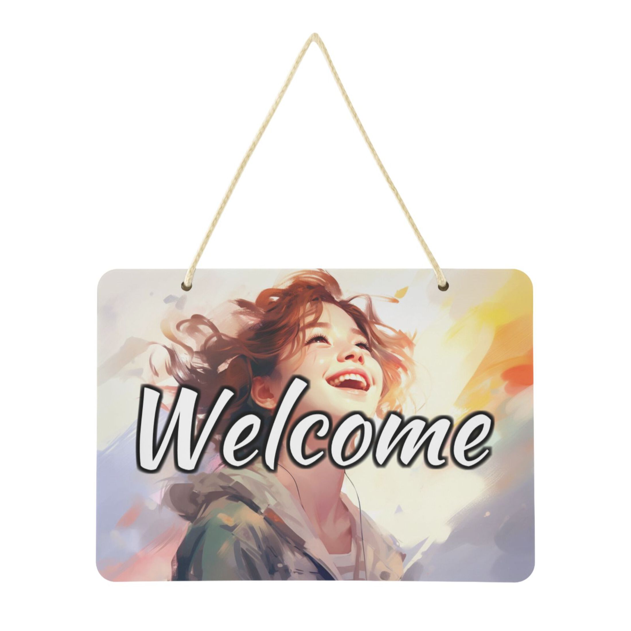Welcome Door Sign Decoration Cute Girl Abstract 13.8" Rectangular Front ...