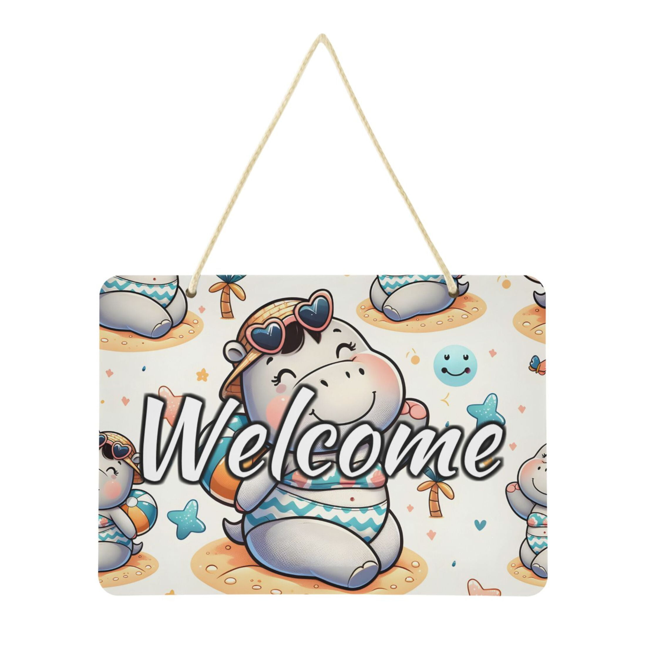 Welcome Door Sign Decoration Cute Hippo on Beach 13.8" Rectangular ...