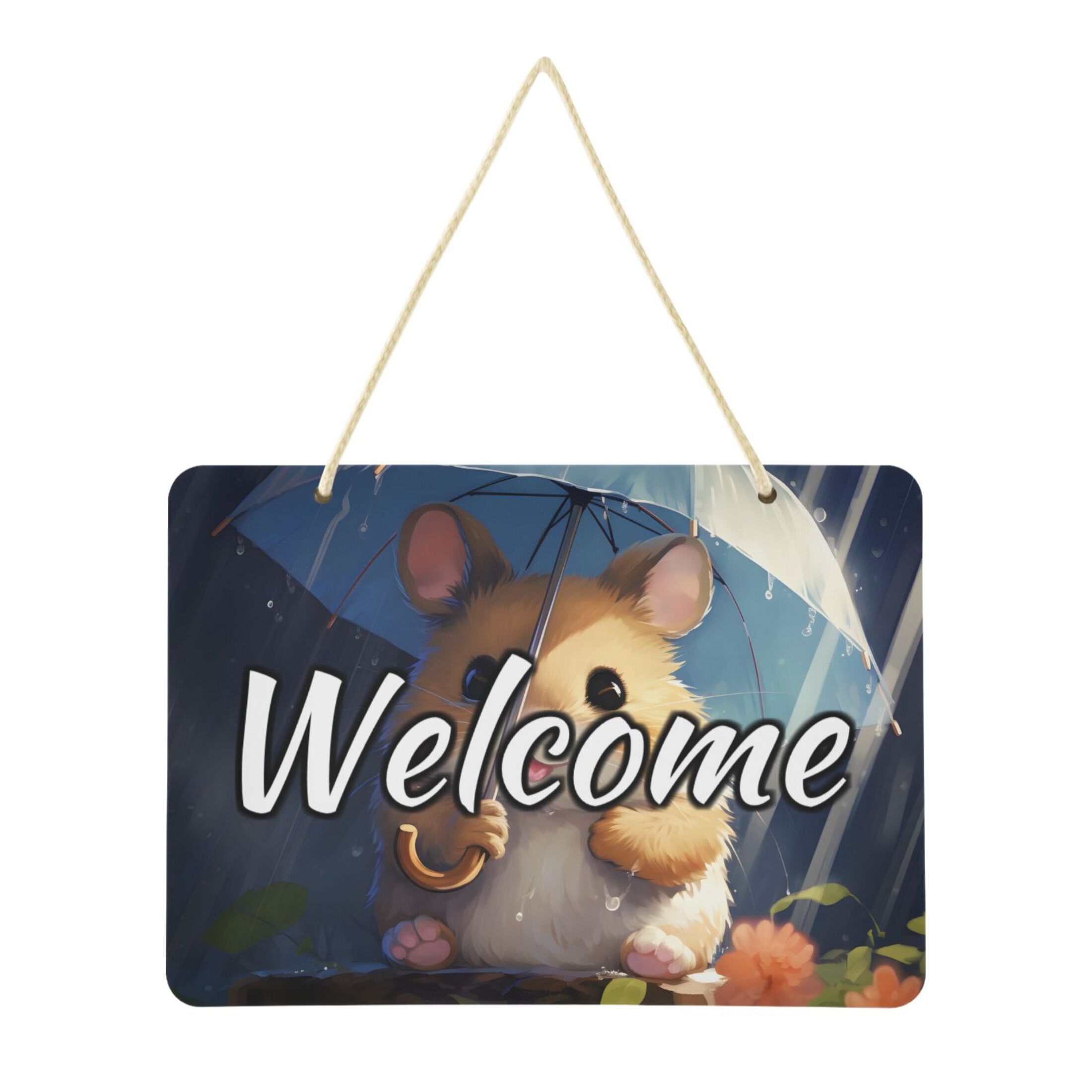 Welcome Door Sign Decoration Cute Mouse with Umbrella 13.8" Rectangular ...