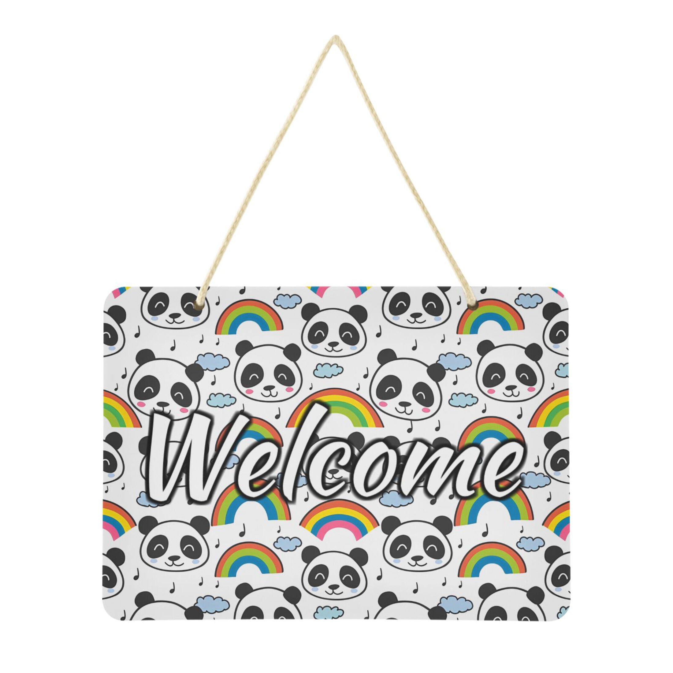 Welcome Door Sign Decoration Cute Pandas and Rainbows 13.8" Rectangular ...