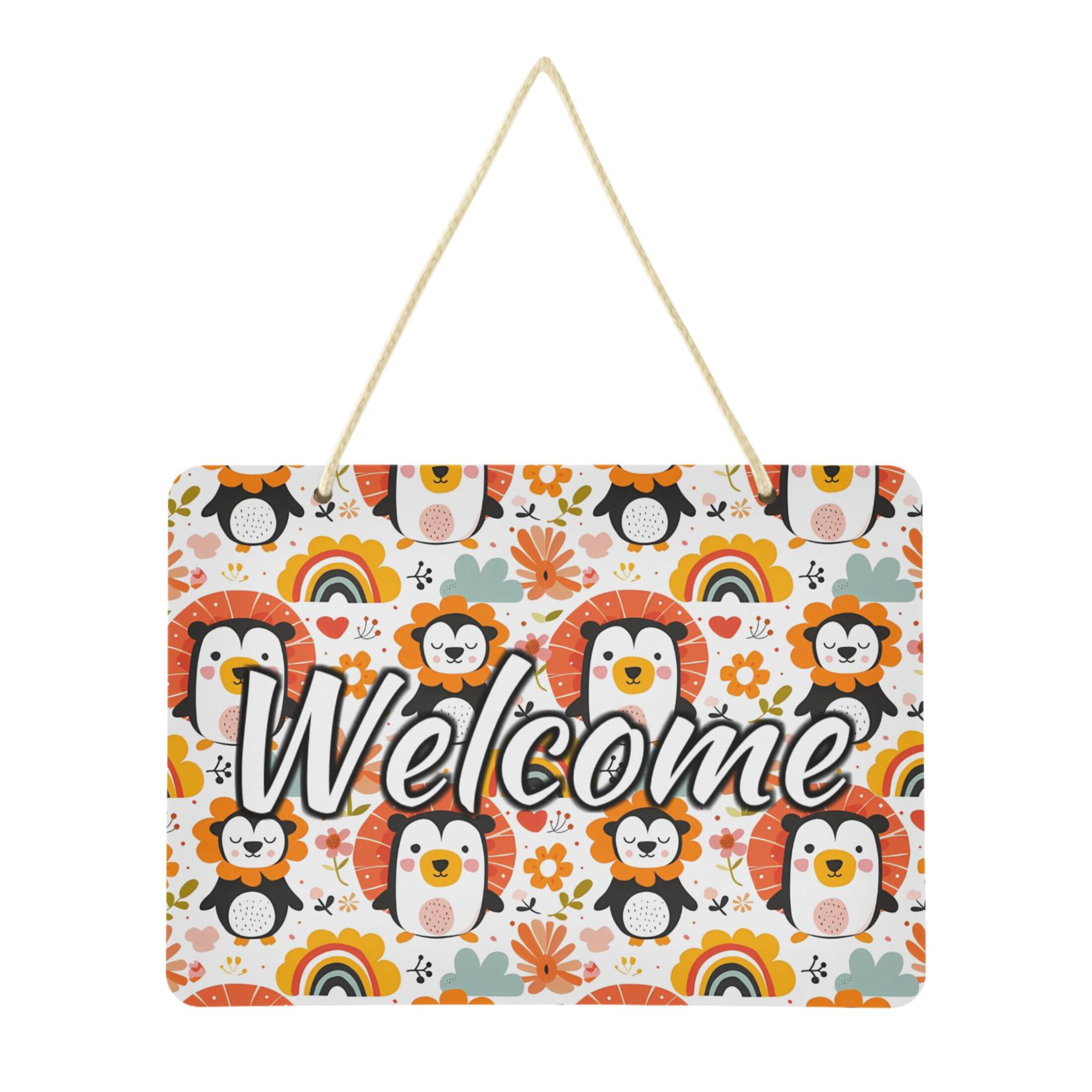 Welcome Door Sign Decoration Cute Penguins and Floral 13.8" Rectangular ...