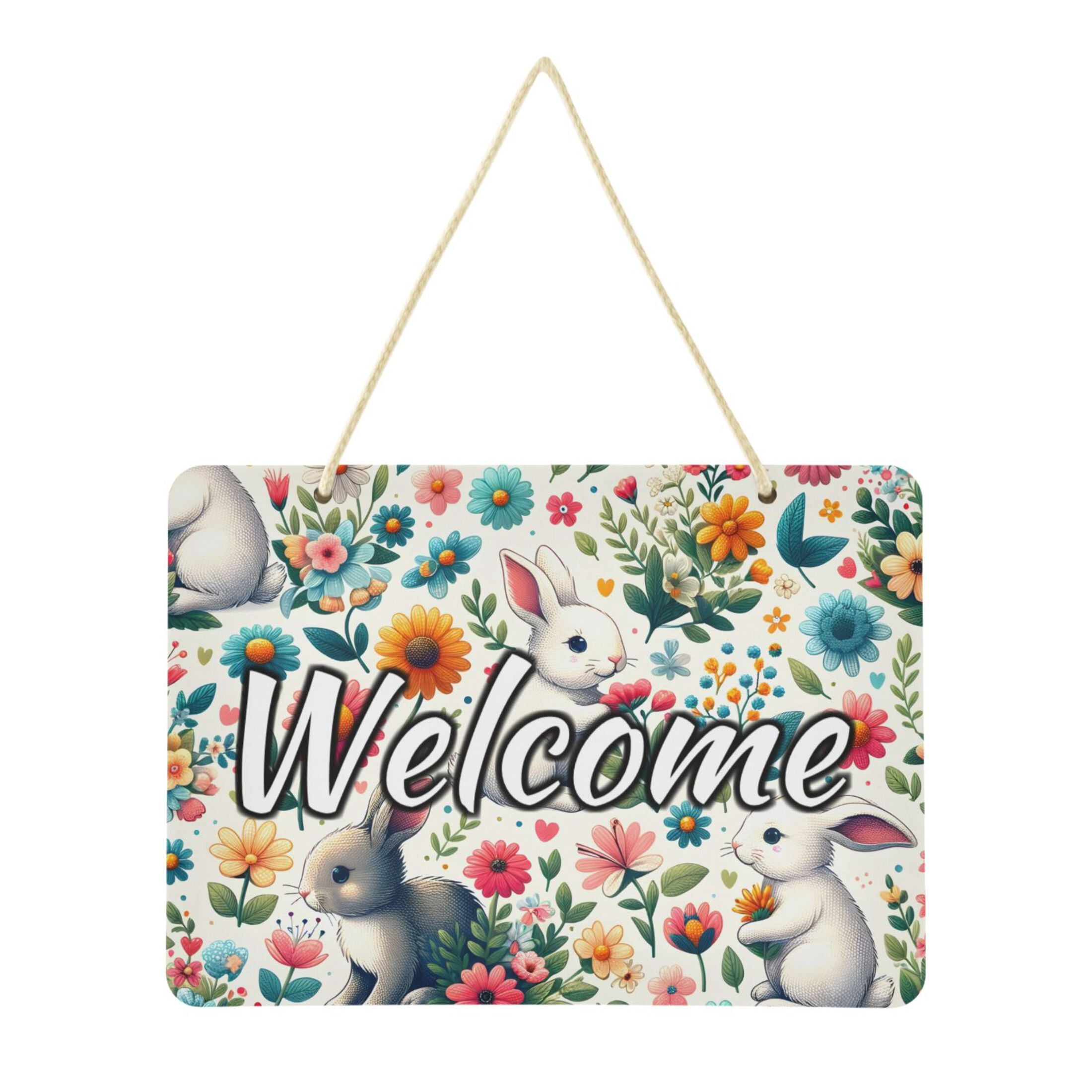 Welcome Door Sign Decoration Cute Rabbit in Floral 13.8" Rectangular ...