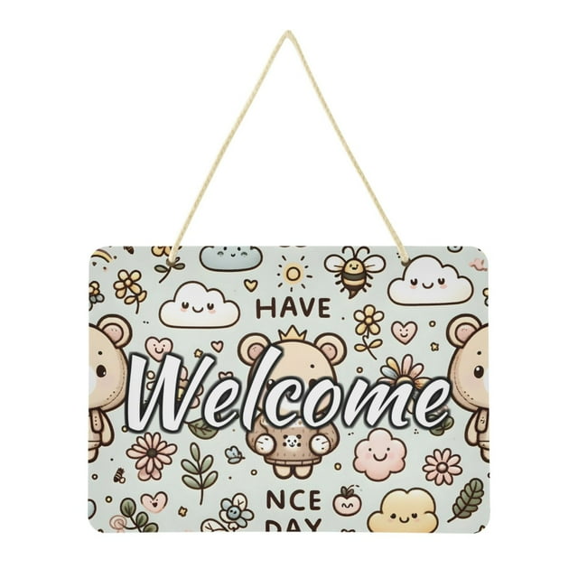 Welcome Door Sign Decoration Cute Teddy Bear 13.8" Rectangular Front ...