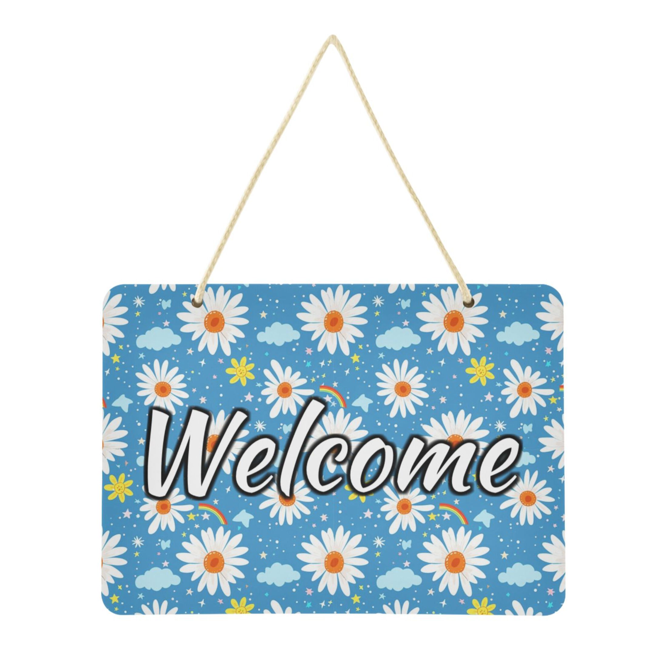 Welcome Door Sign Decoration Daisies and Rainbows 13.8" Rectangular ...