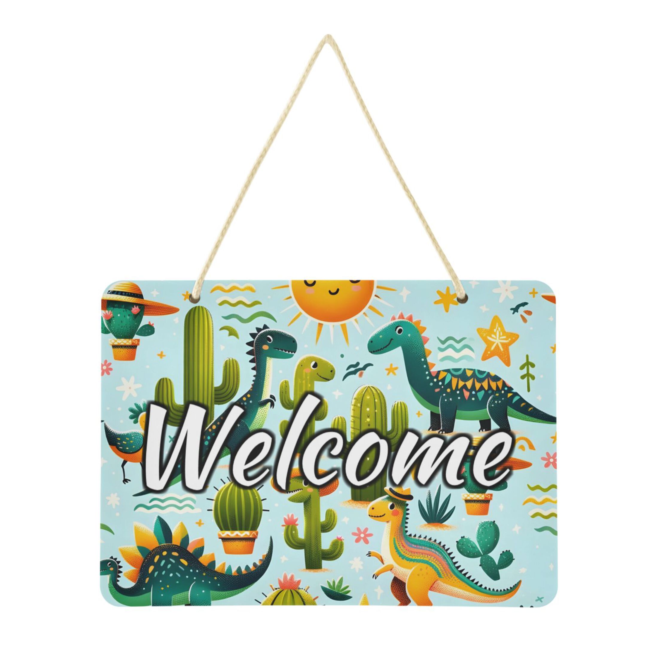 Welcome Door Sign Decoration Dinosaur and Cactus 13.8" Rectangular ...