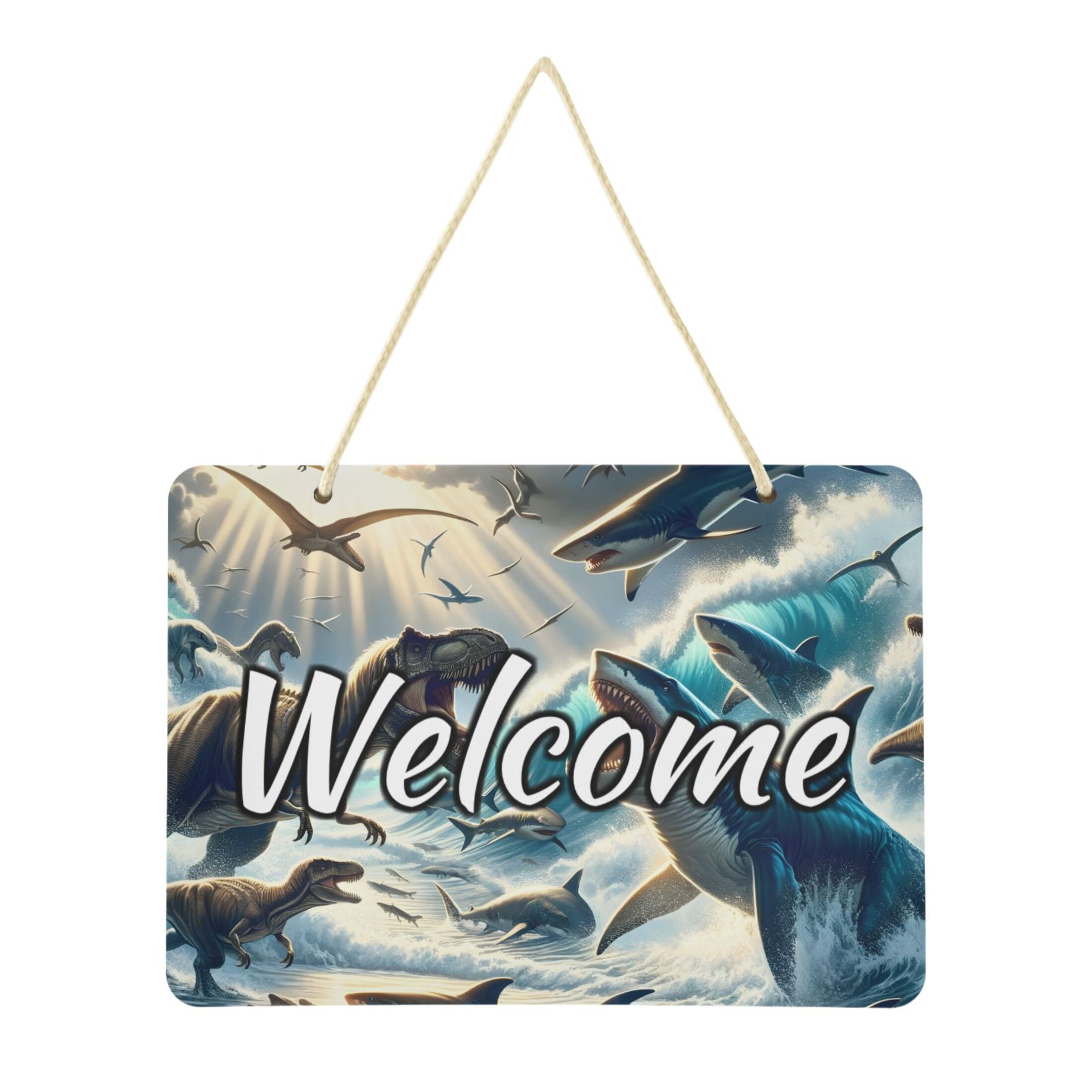 Welcome Door Sign Decoration Dinosaurs and Sharks on Beach 13.8 ...