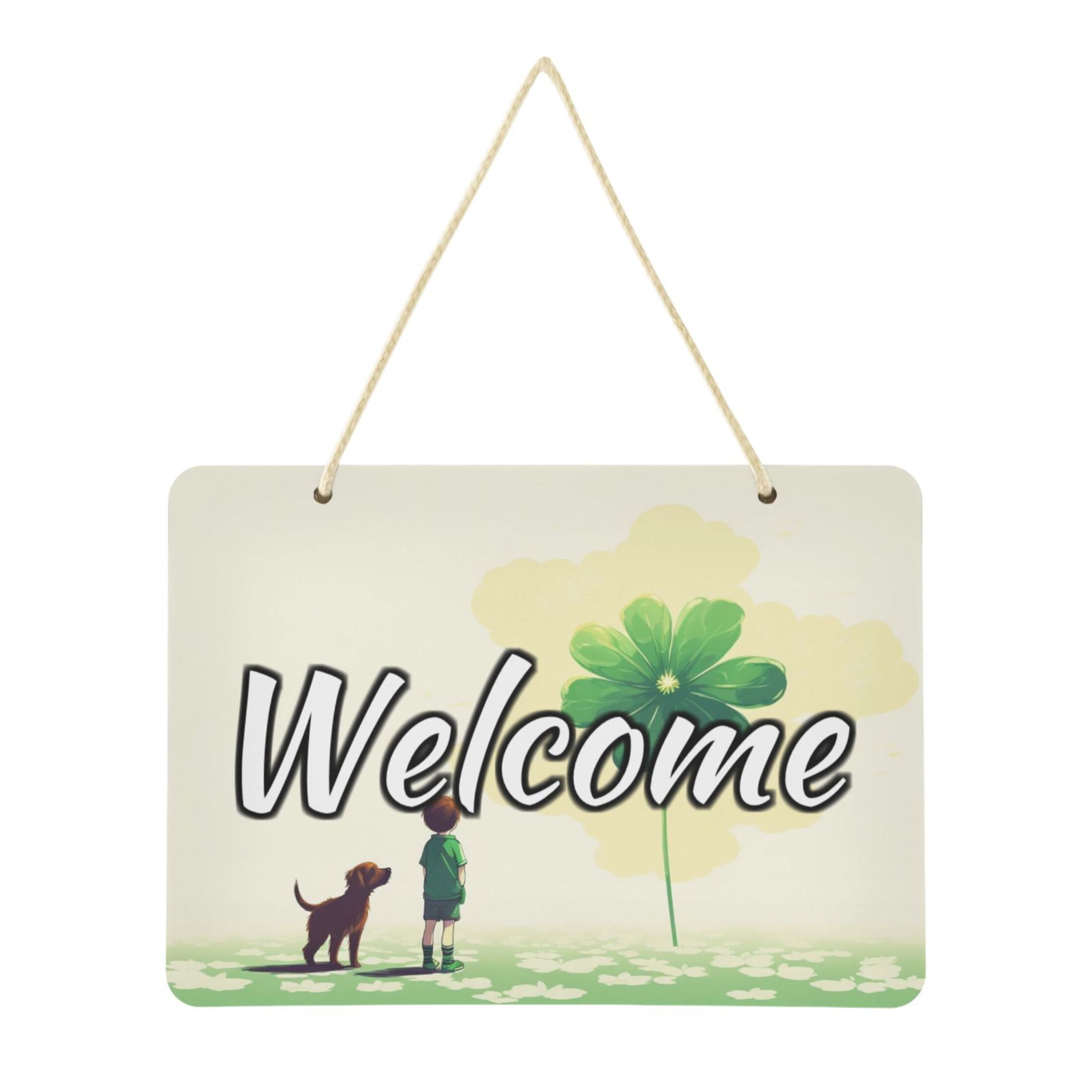 Welcome Door Sign Decoration Dog and Clover 13.8" Rectangular Front ...