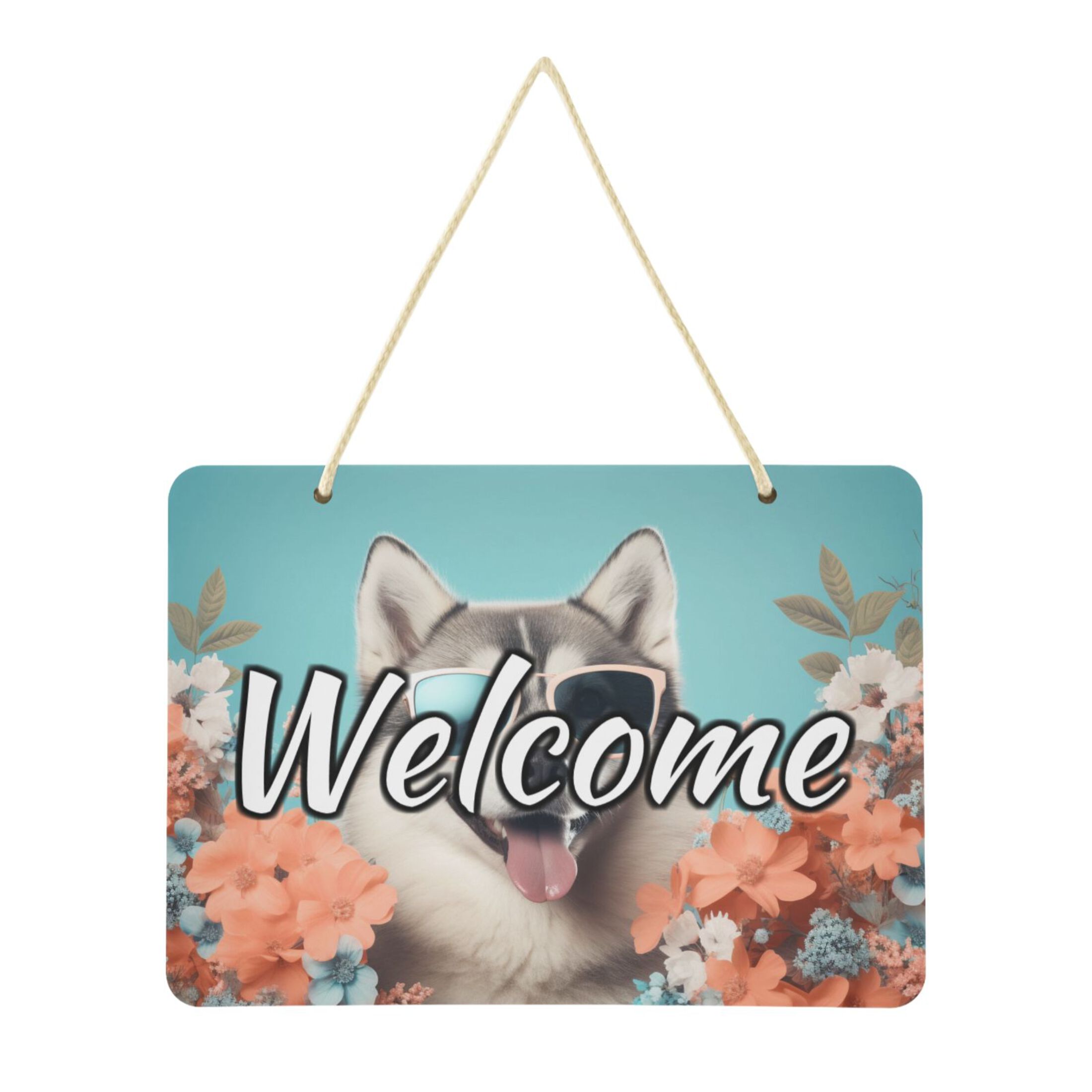 Welcome Door Sign Decoration Dog with Glasses in Flowers 13.8 ...