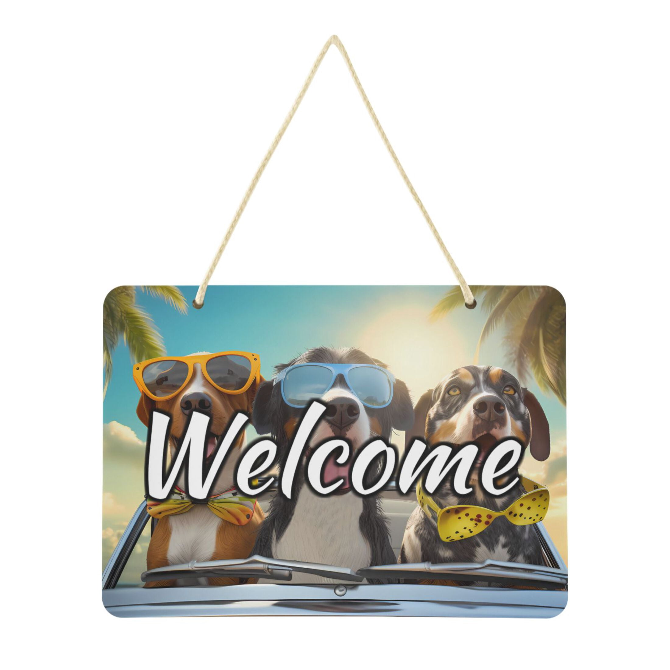 Welcome Door Sign Decoration Dogs in Summer Driving 13.8" Rectangular ...