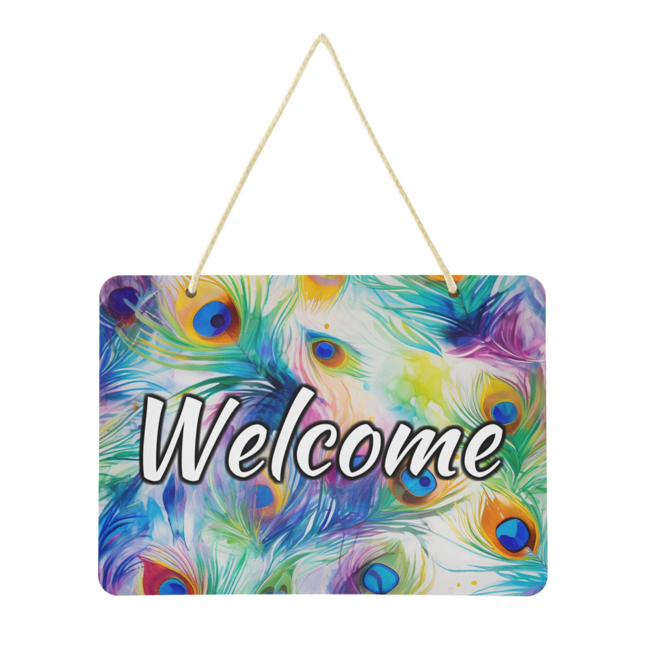 Welcome Door Sign Decoration Feathers 13.8" Rectangular Front Entrance ...