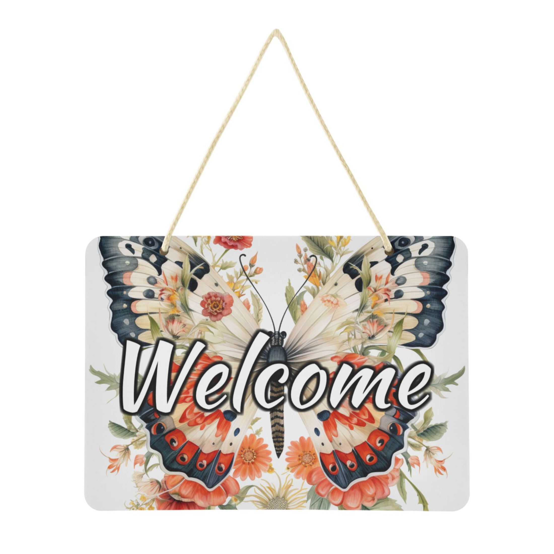 Welcome Door Sign Decoration Floral on Butterfly 13.8" Rectangular ...