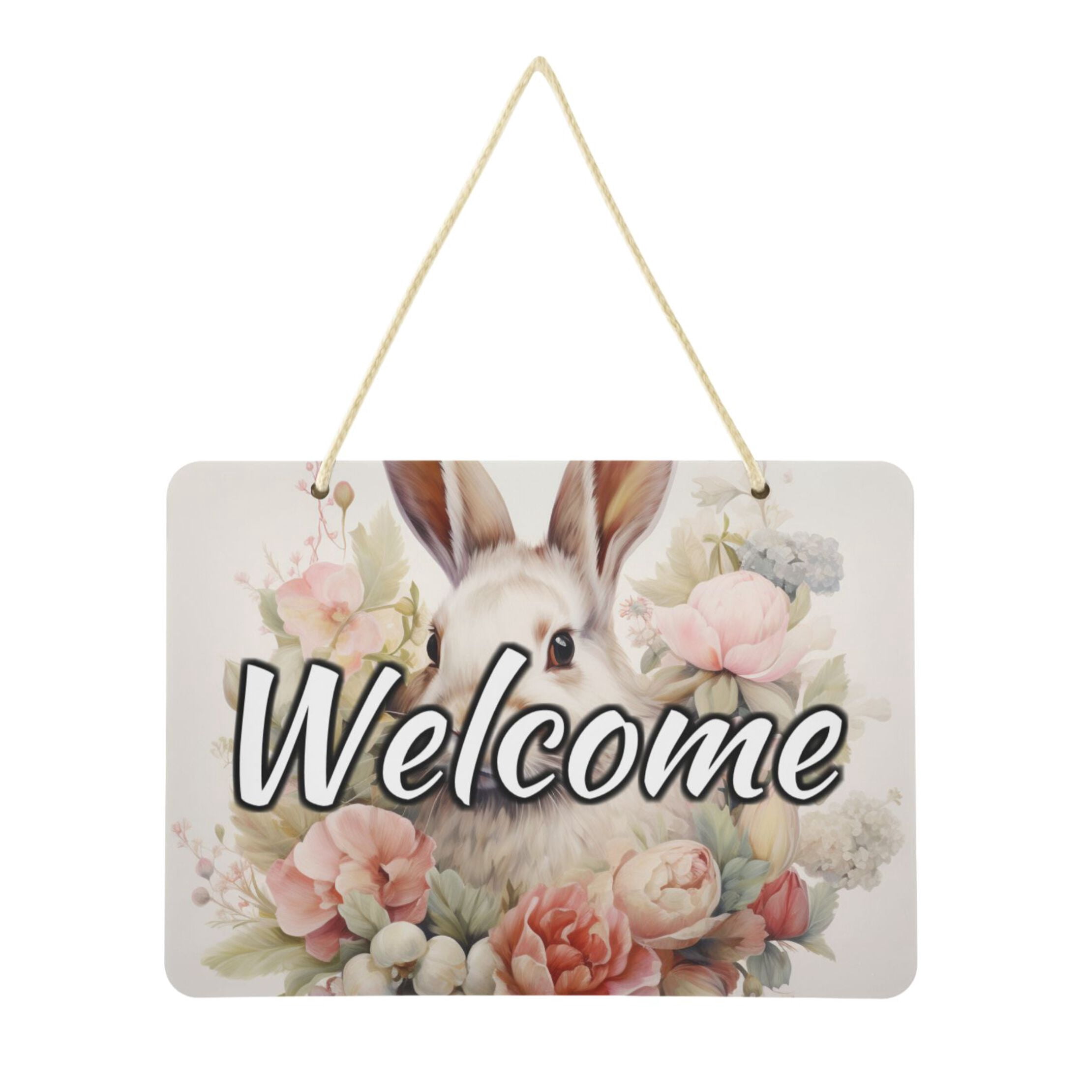 Welcome Door Sign Decoration Floral on Rabbit 13.8" Rectangular Front ...