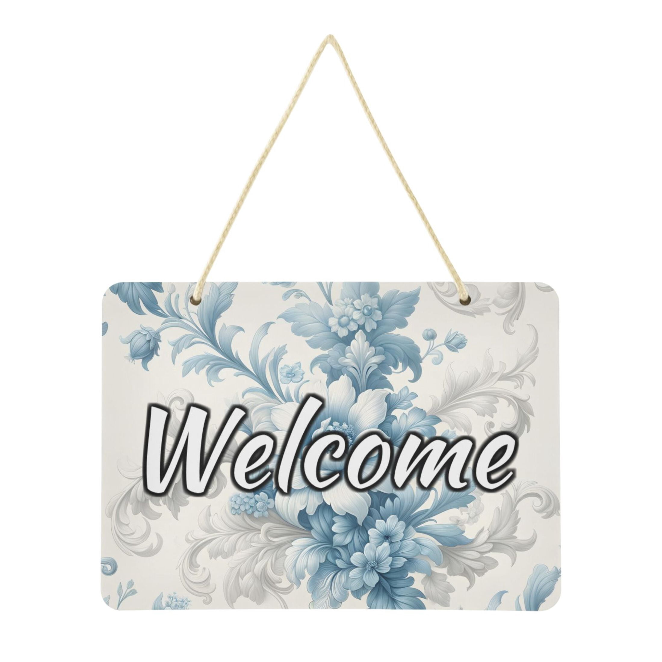 Welcome Door Sign Decoration Flower Blue 13.8" Rectangular Front ...