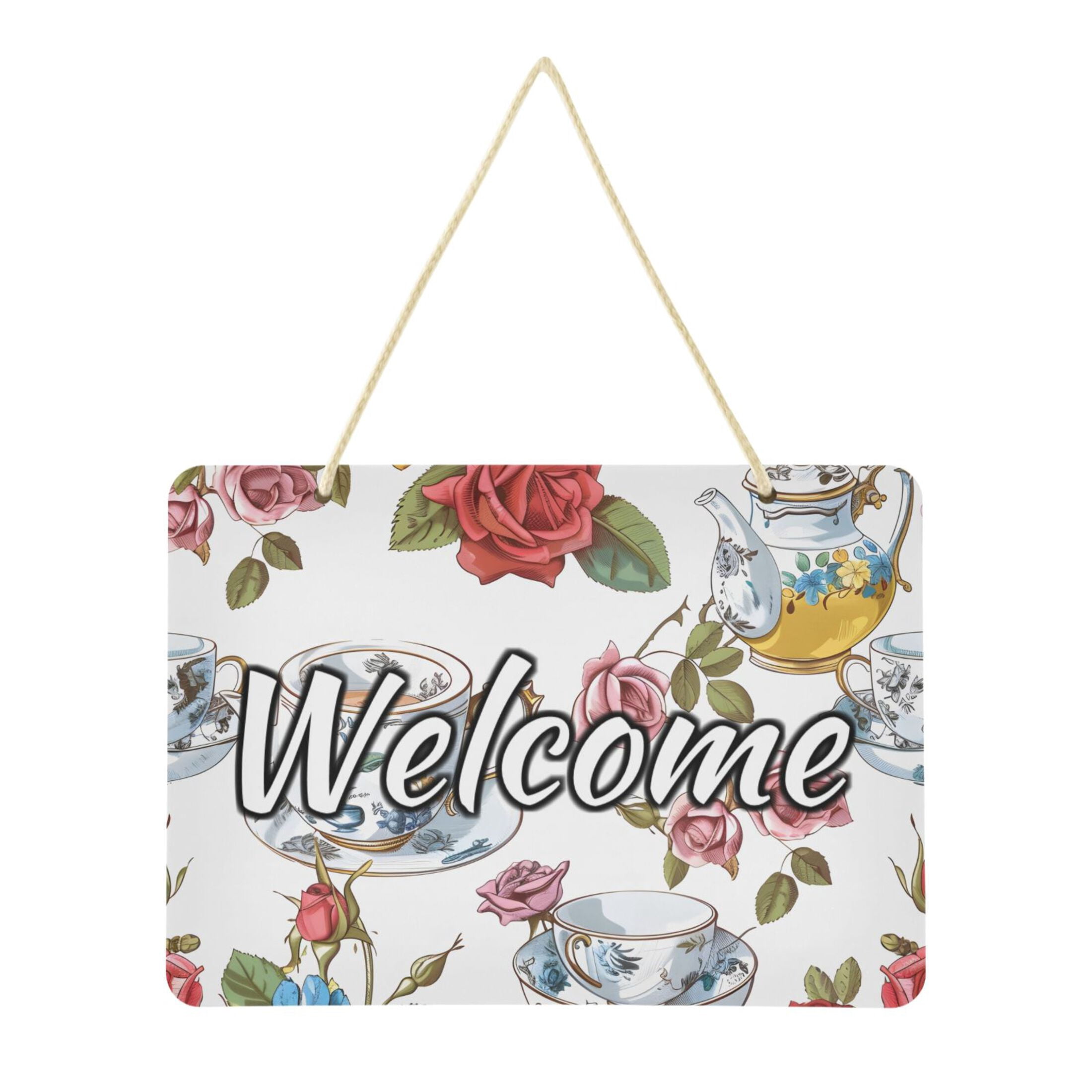 Welcome Door Sign Decoration Flower and Cups 13.8" Rectangular Front ...