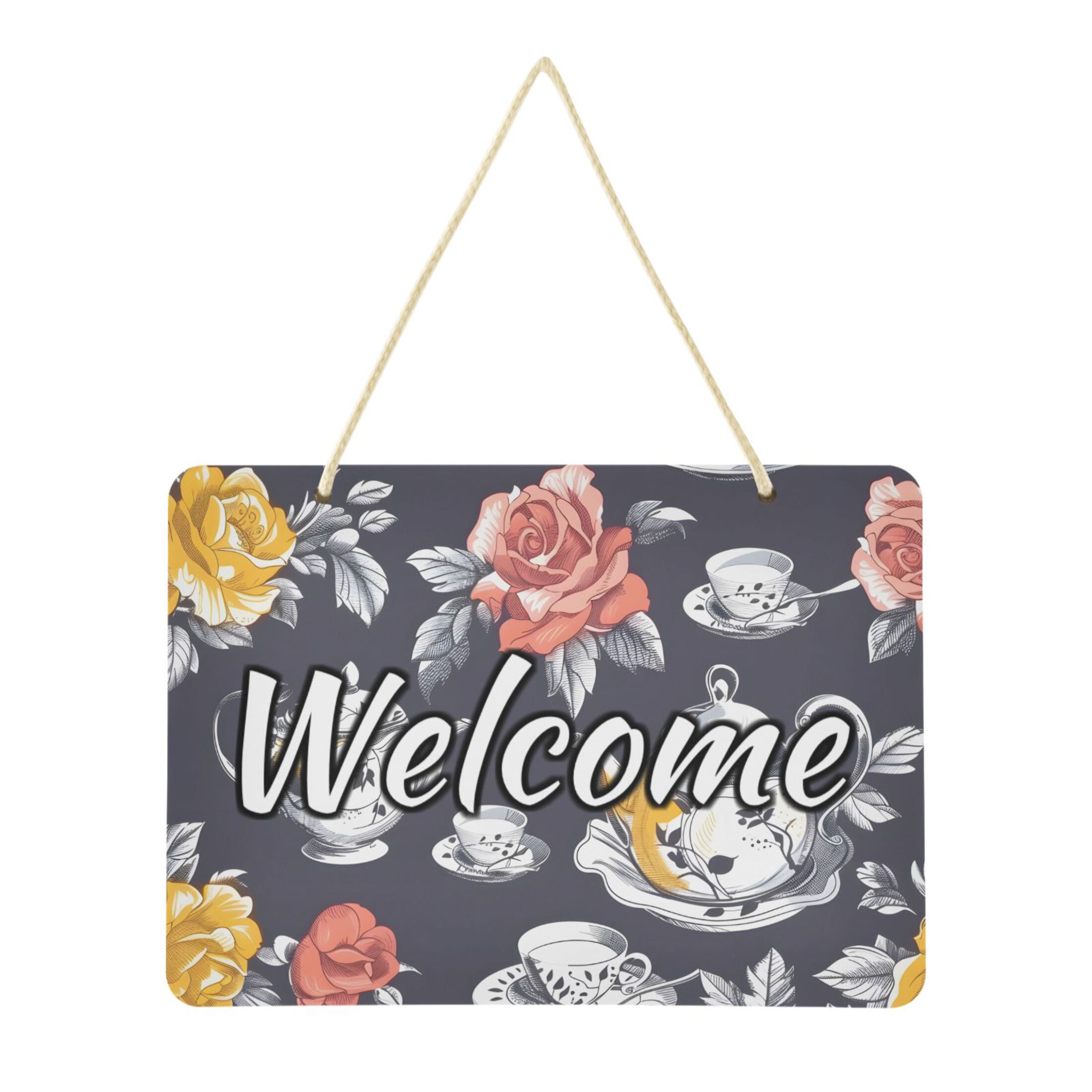 Welcome Door Sign Decoration Flower and Teapots 13.8" Rectangular Front ...