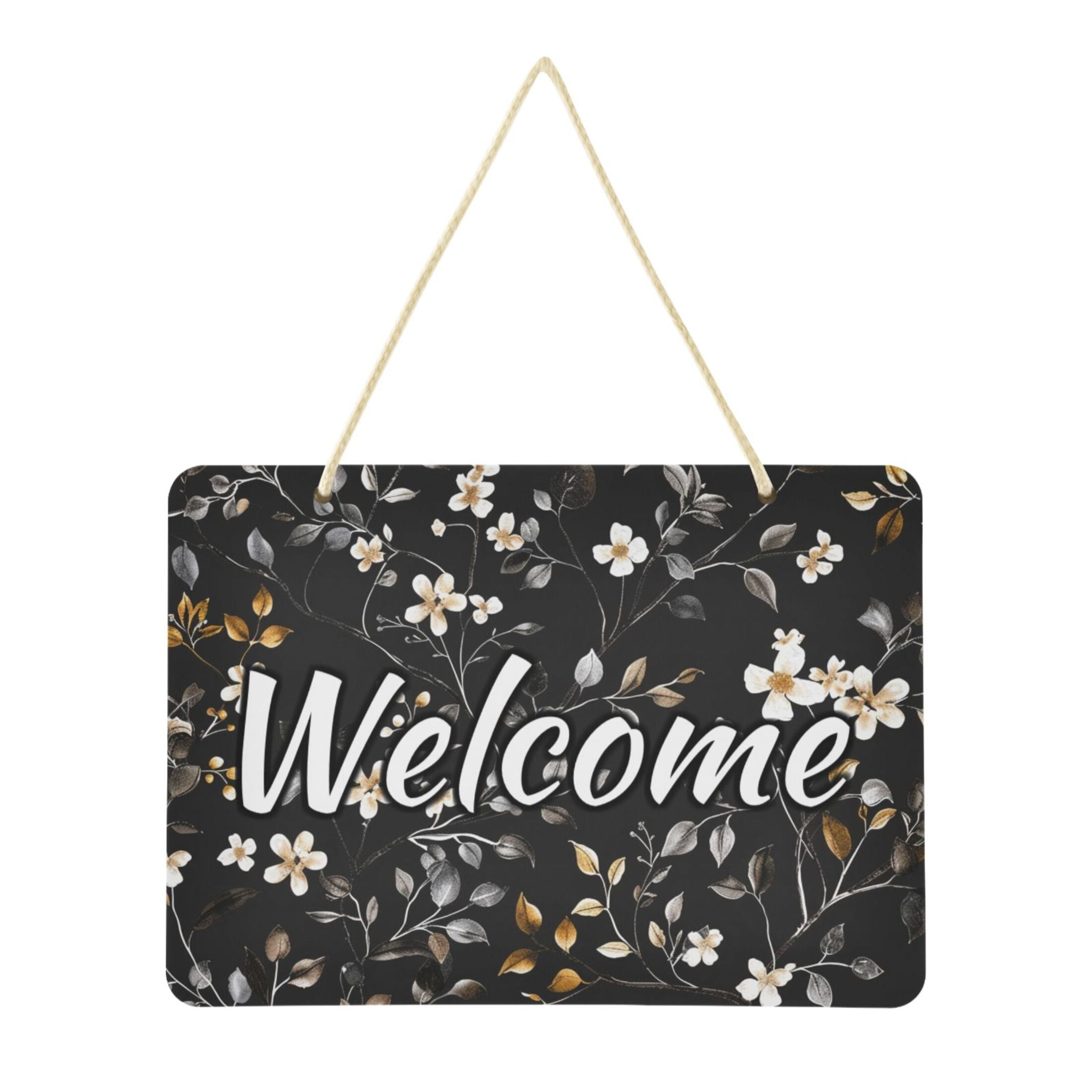 Welcome Door Sign Decoration Flower on Black 13.8" Rectangular Front ...
