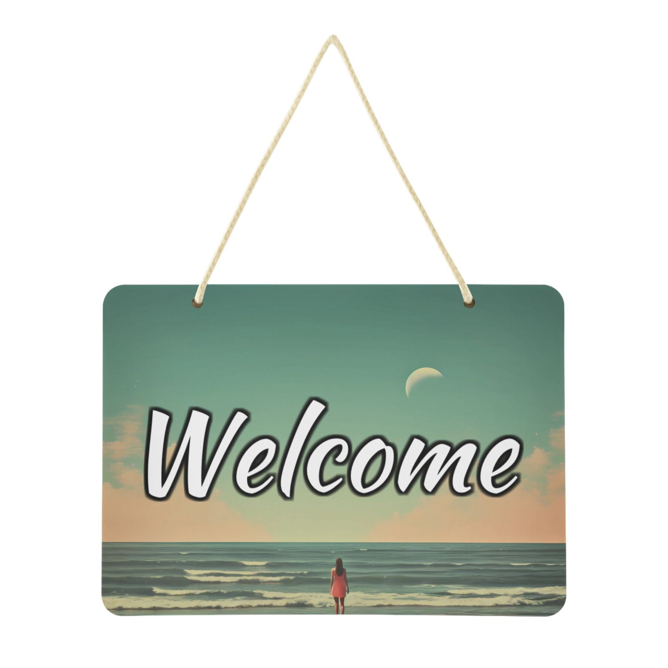 Welcome Door Sign Decoration Girl on Summer Beach 13.8" Rectangular ...
