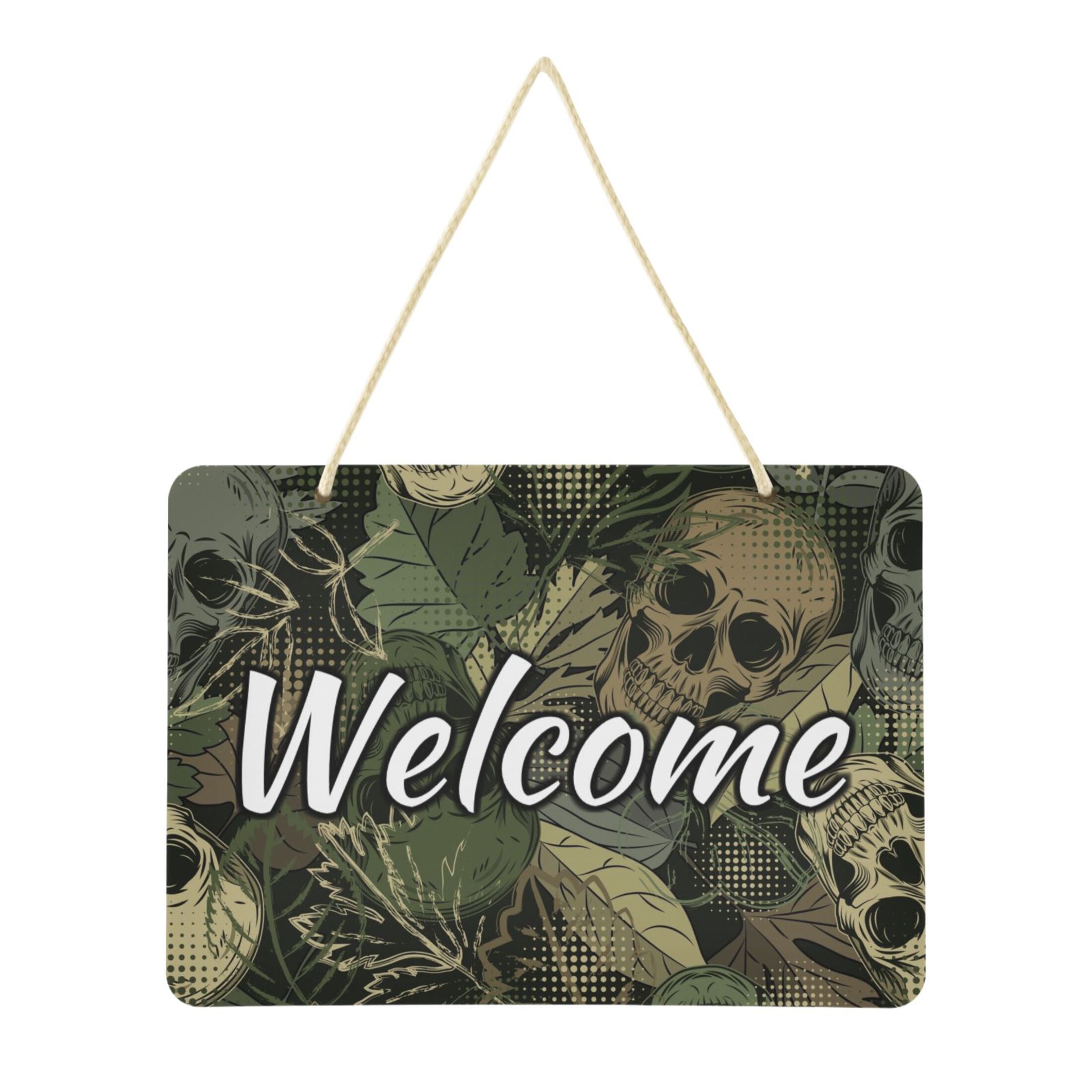 Welcome Door Sign Decoration Green Camouflage Skulls Leaves 13.8 ...