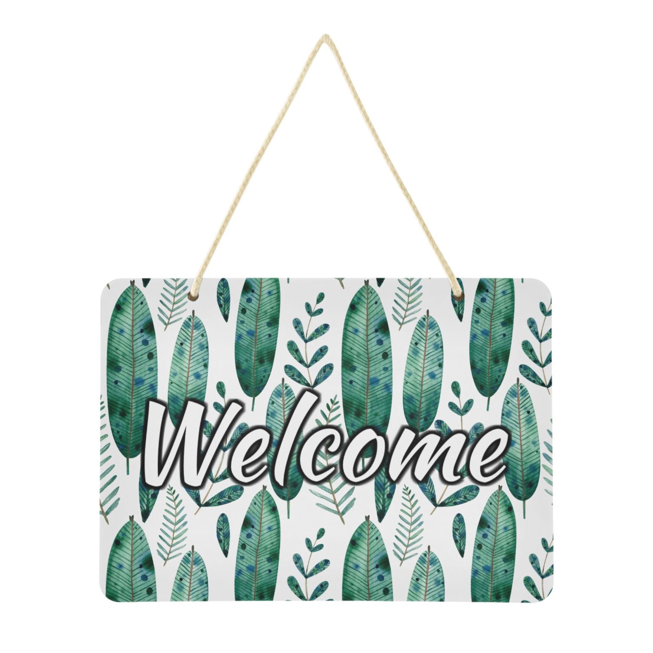 Welcome Door Sign Decoration Green Leaves Branches 13.8" Rectangular ...