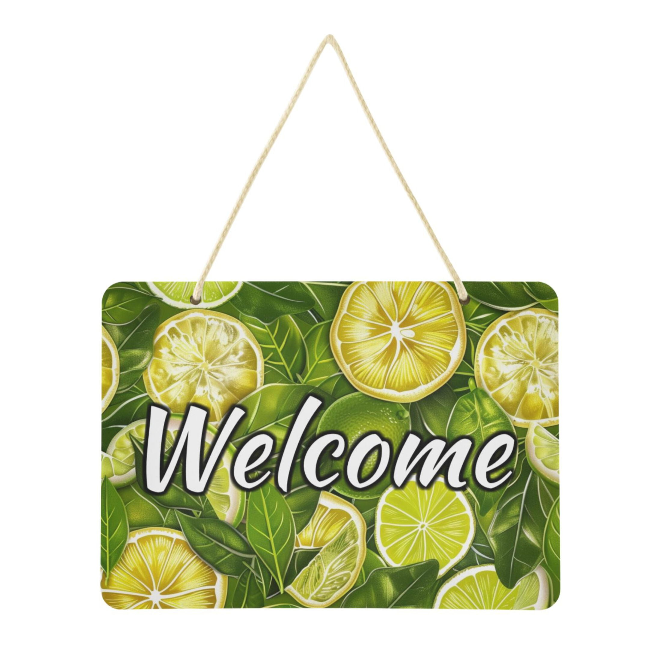 Welcome Door Sign Decoration Green Lemon with Leaves 13.8" Rectangular ...