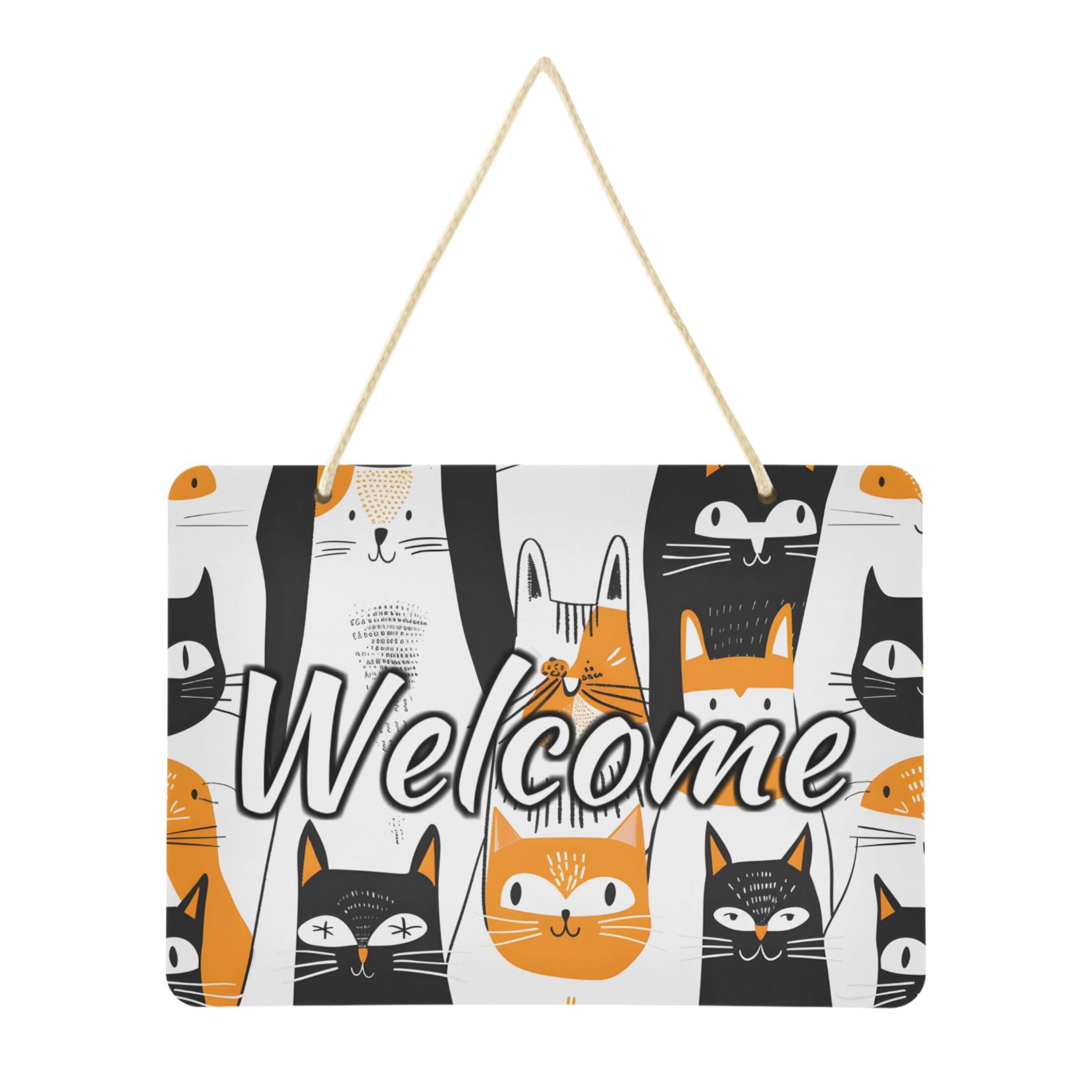 Welcome Door Sign Decoration Hand Drawn Cats 13.8" Rectangular Front ...