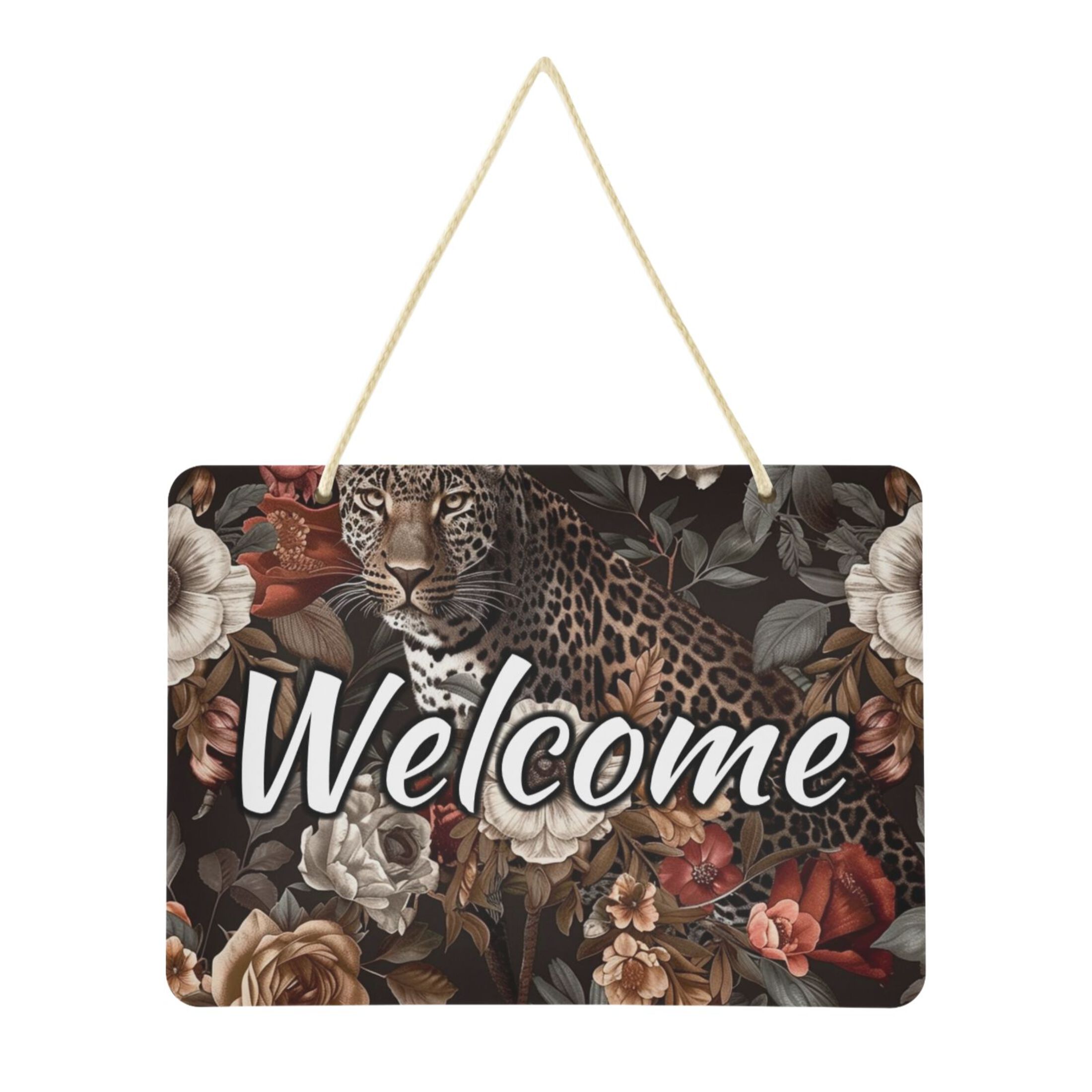 Welcome Door Sign Decoration Leopard in Flowers 13.8" Rectangular Front ...