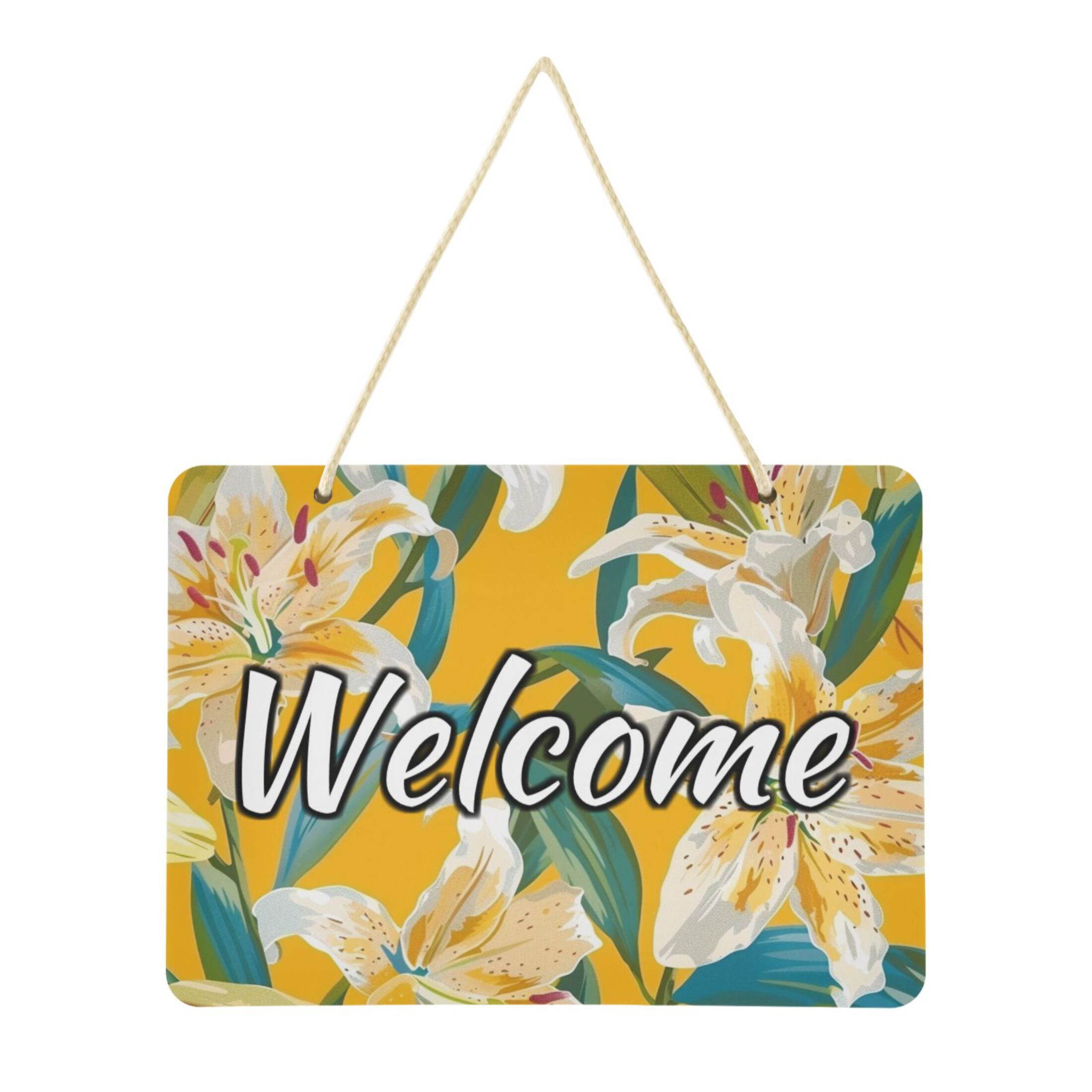 Welcome Door Sign Decoration Lily Flowers Green Leaves 13.8 ...