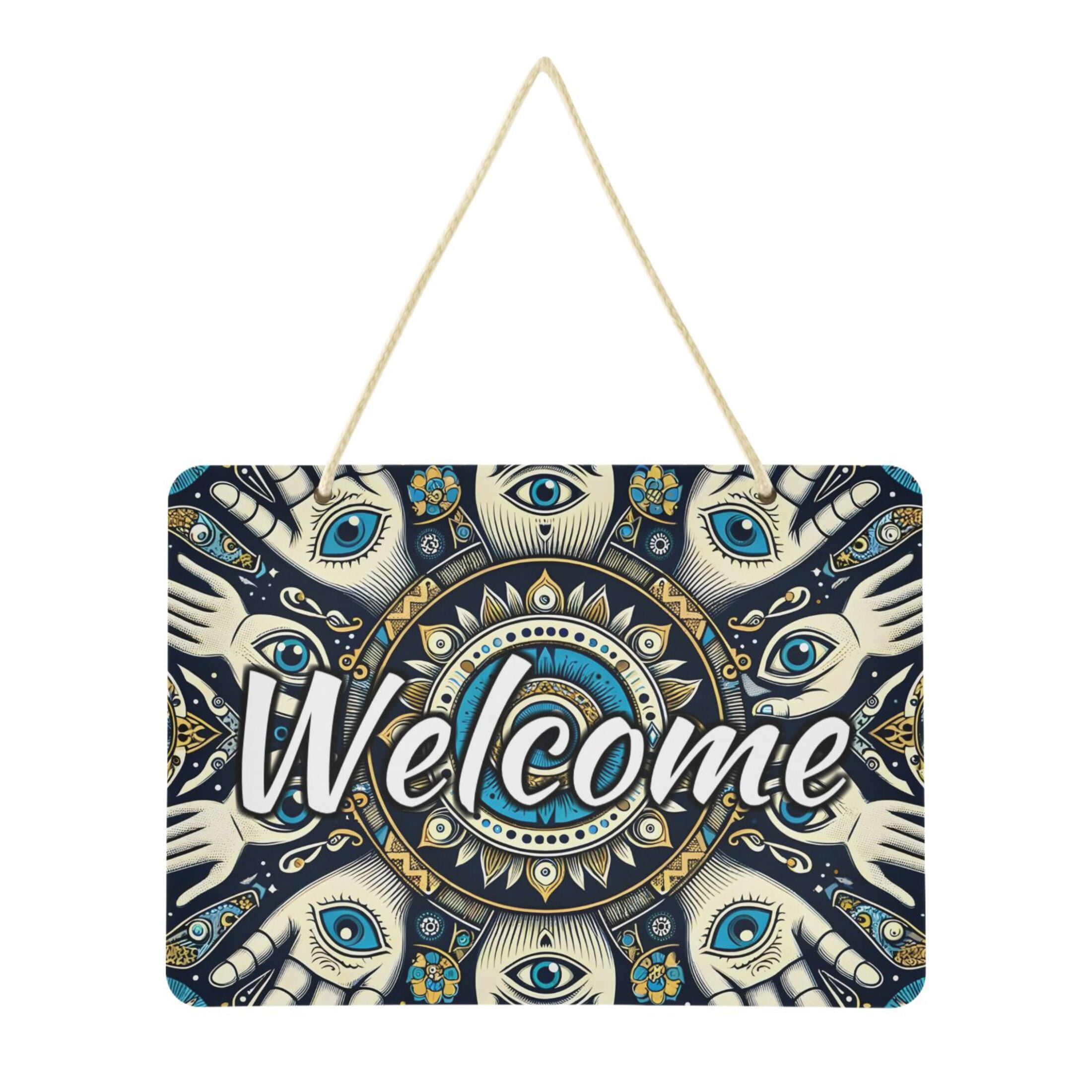 Welcome Door Sign Decoration Mandala Eyes in Hands 13.8" Rectangular ...