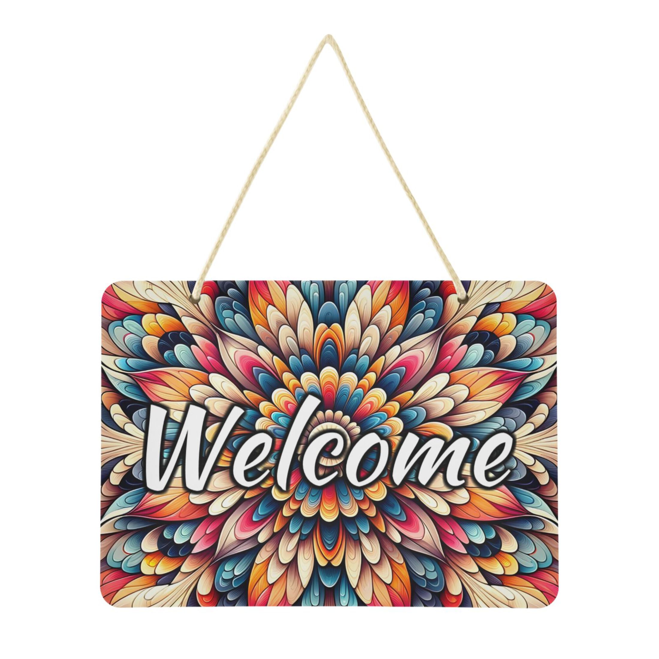 Welcome Door Sign Decoration Mandala Flower 13.8" Rectangular Front ...