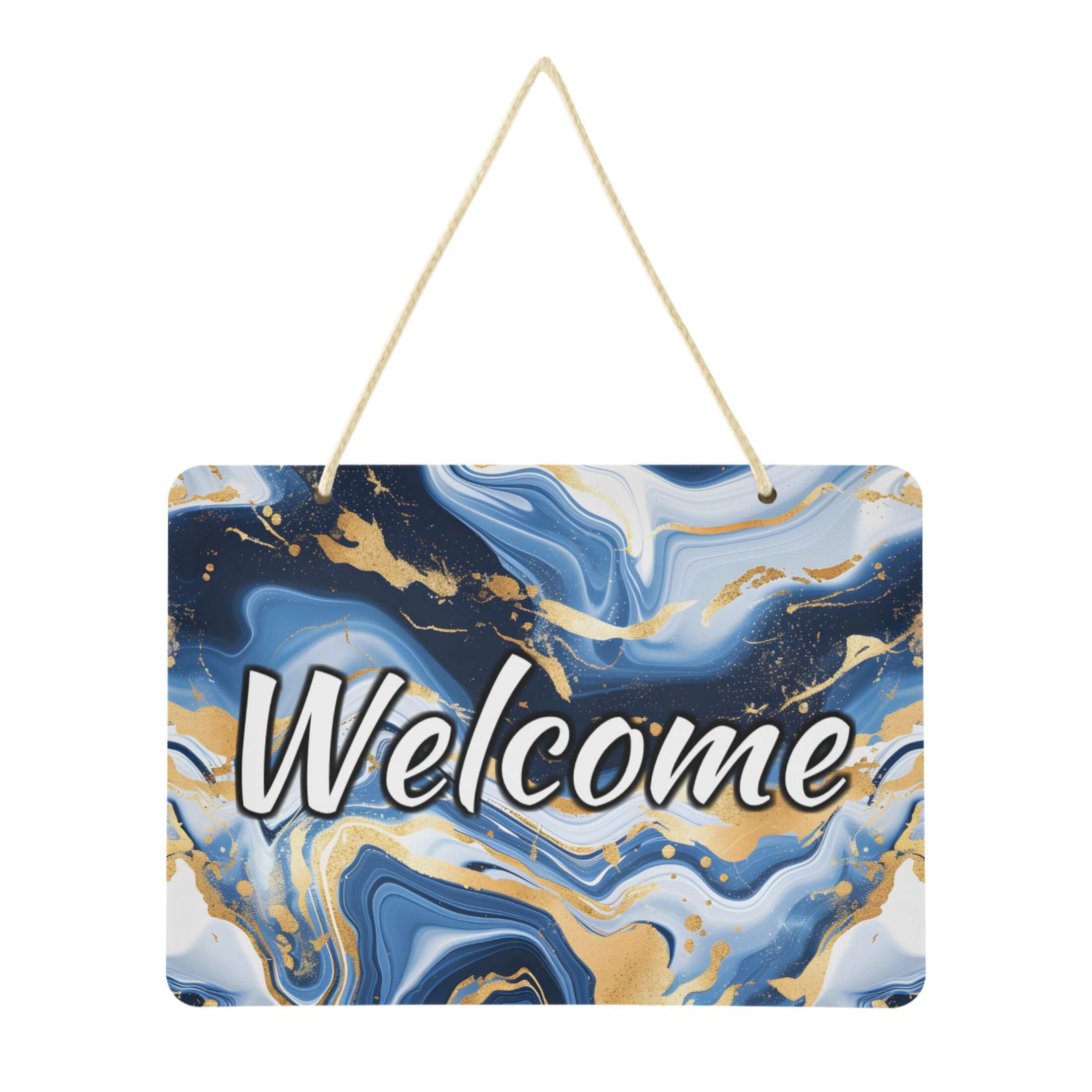 Welcome Door Sign Decoration Marble Blue Gold White Abstract 13.8 ...