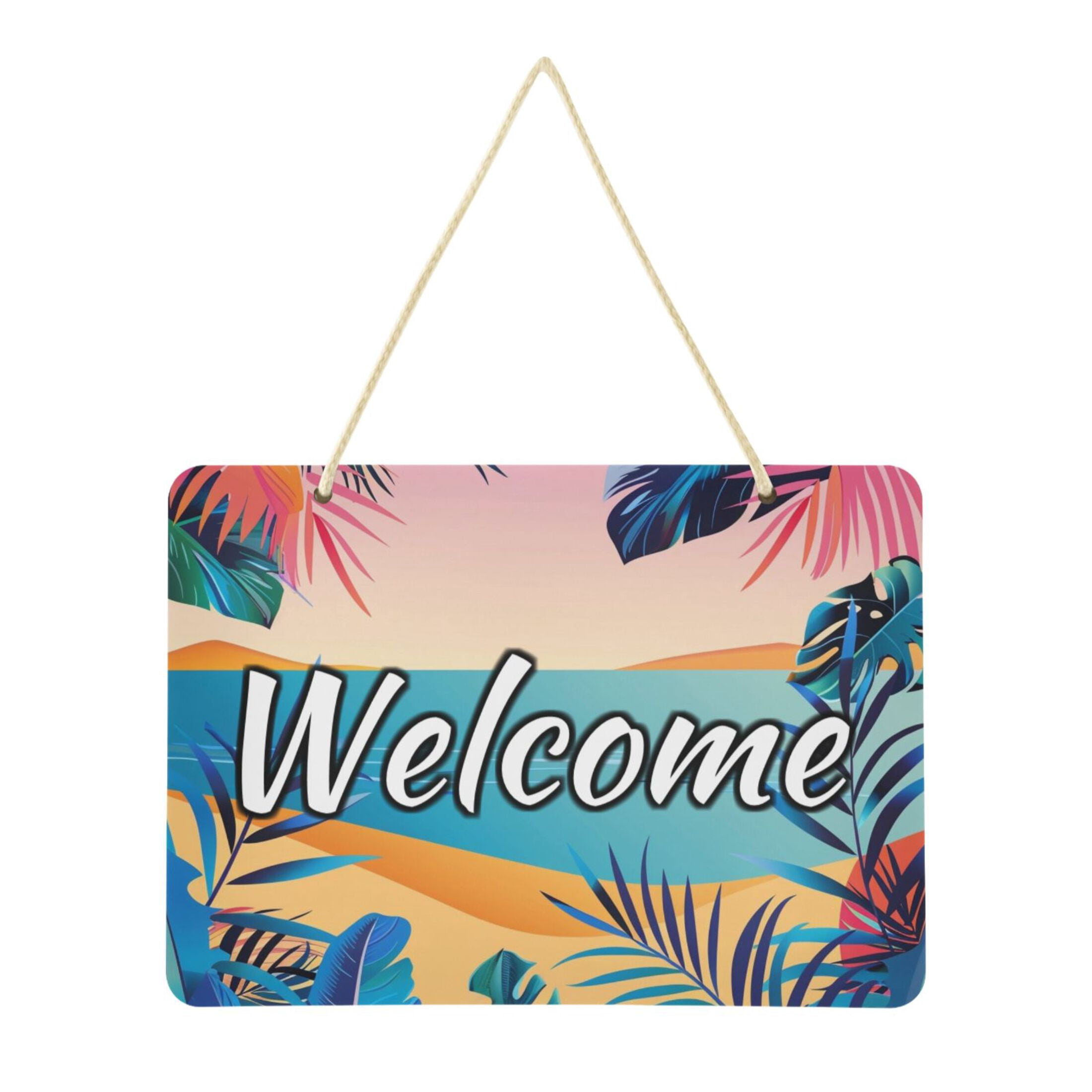 Welcome Door Sign Decoration Palm Leaf and Sea 13.8" Rectangular Front ...