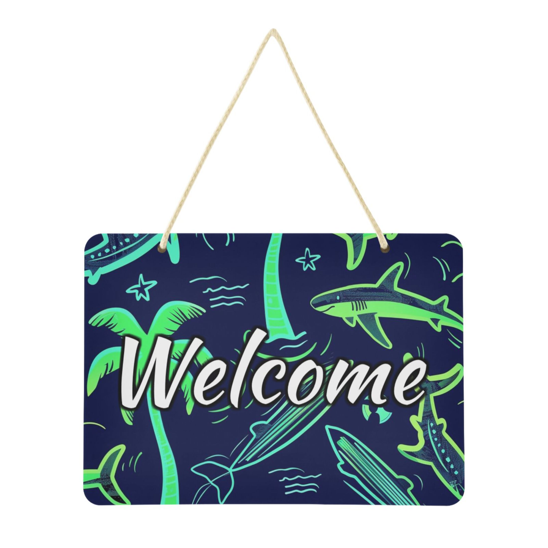 Welcome Door Sign Decoration Palm Tree and Shark 13.8" Rectangular ...