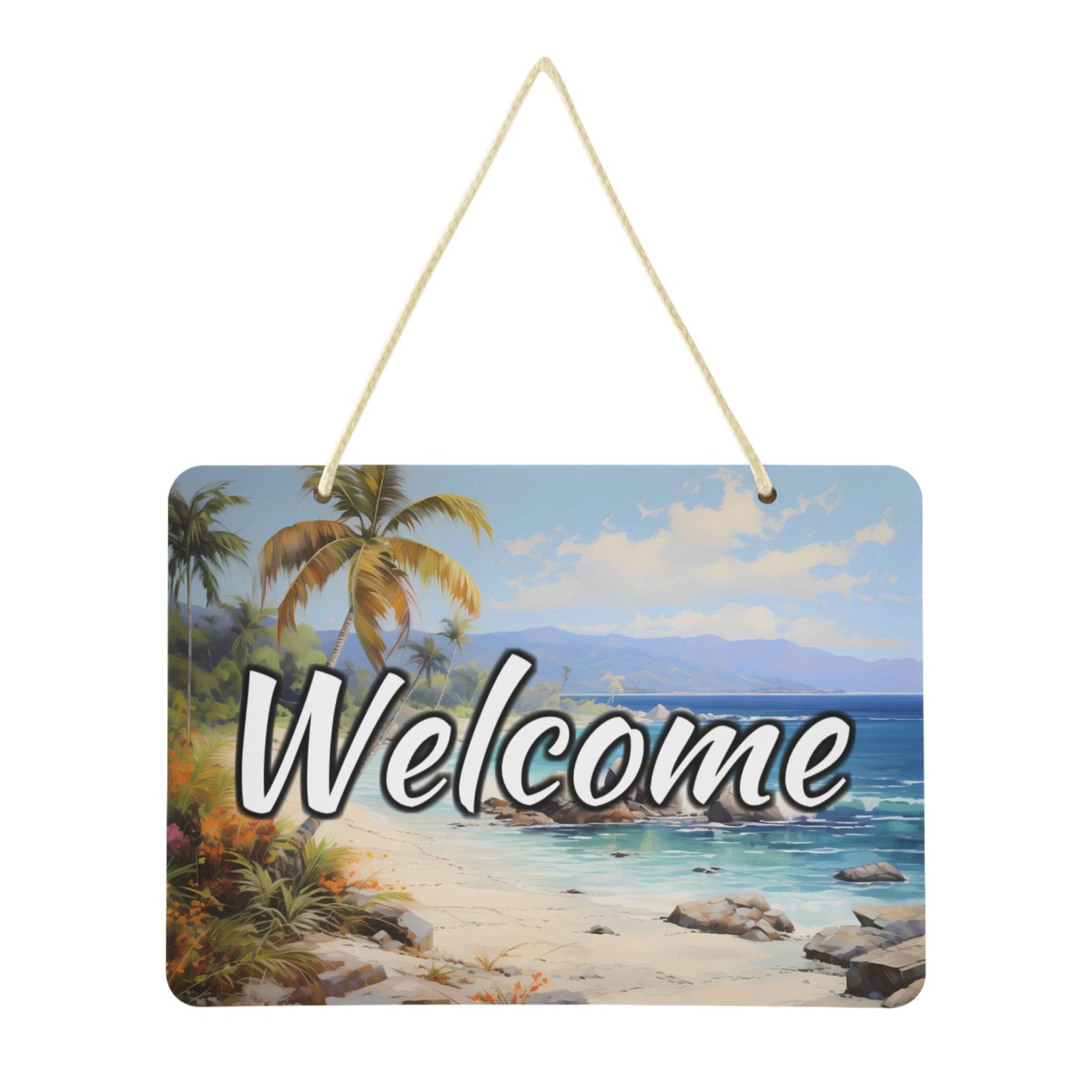 Welcome Door Sign Decoration Palm Tree on Beach 13.8" Rectangular Front ...