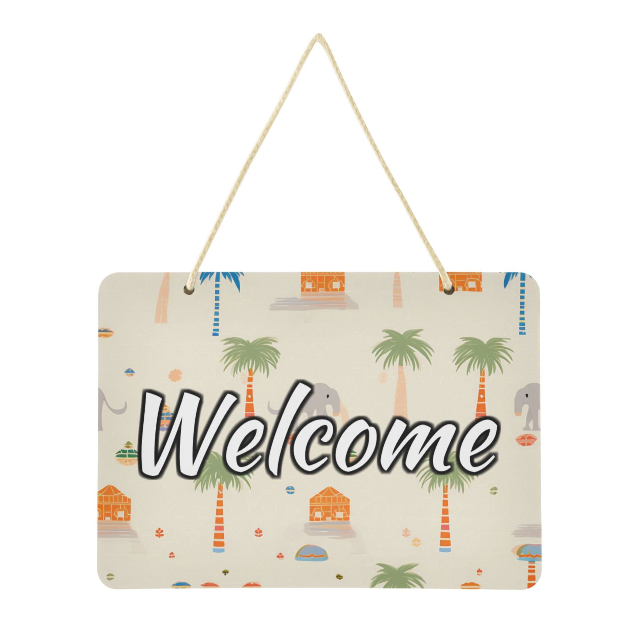 Welcome Door Sign Decoration Palm Trees Elephants 13.8" Rectangular ...