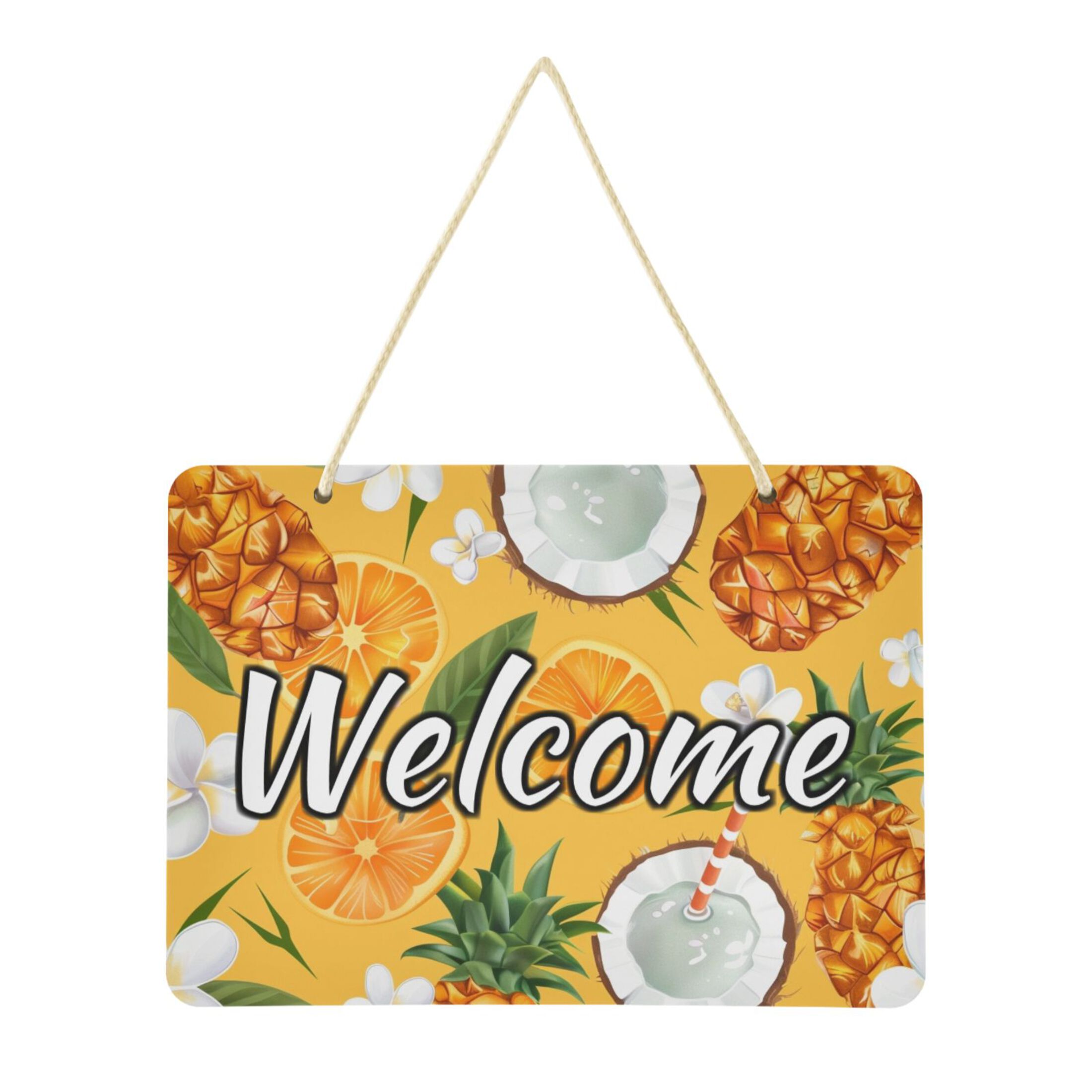 Welcome Door Sign Decoration Pineapple Orange Coconut 13.8" Rectangular ...