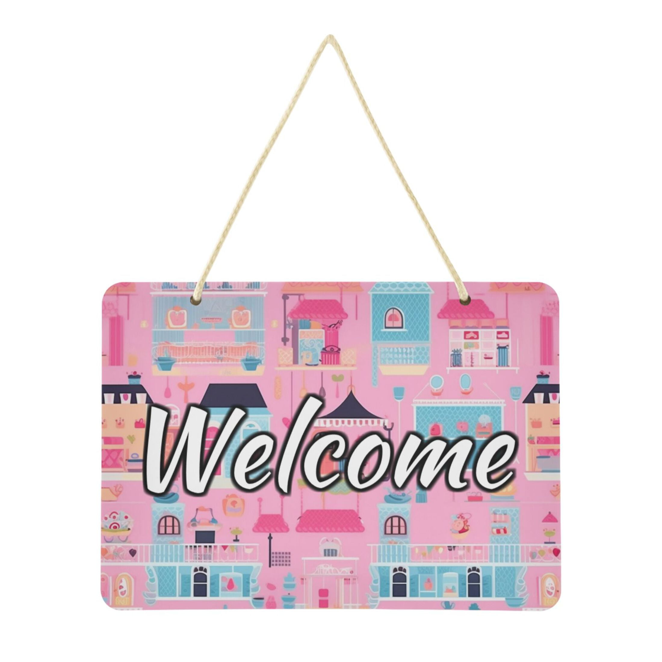 Welcome Door Sign Decoration Pink Cute House Pattern 13.8" Rectangular ...