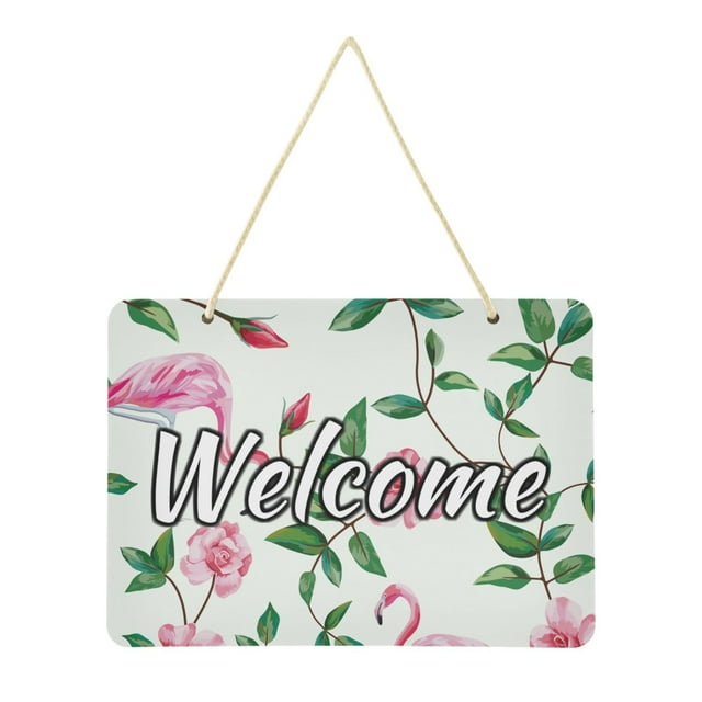 Welcome Door Sign Decoration Pink Flamingos in Rose Flowers 13.8 ...