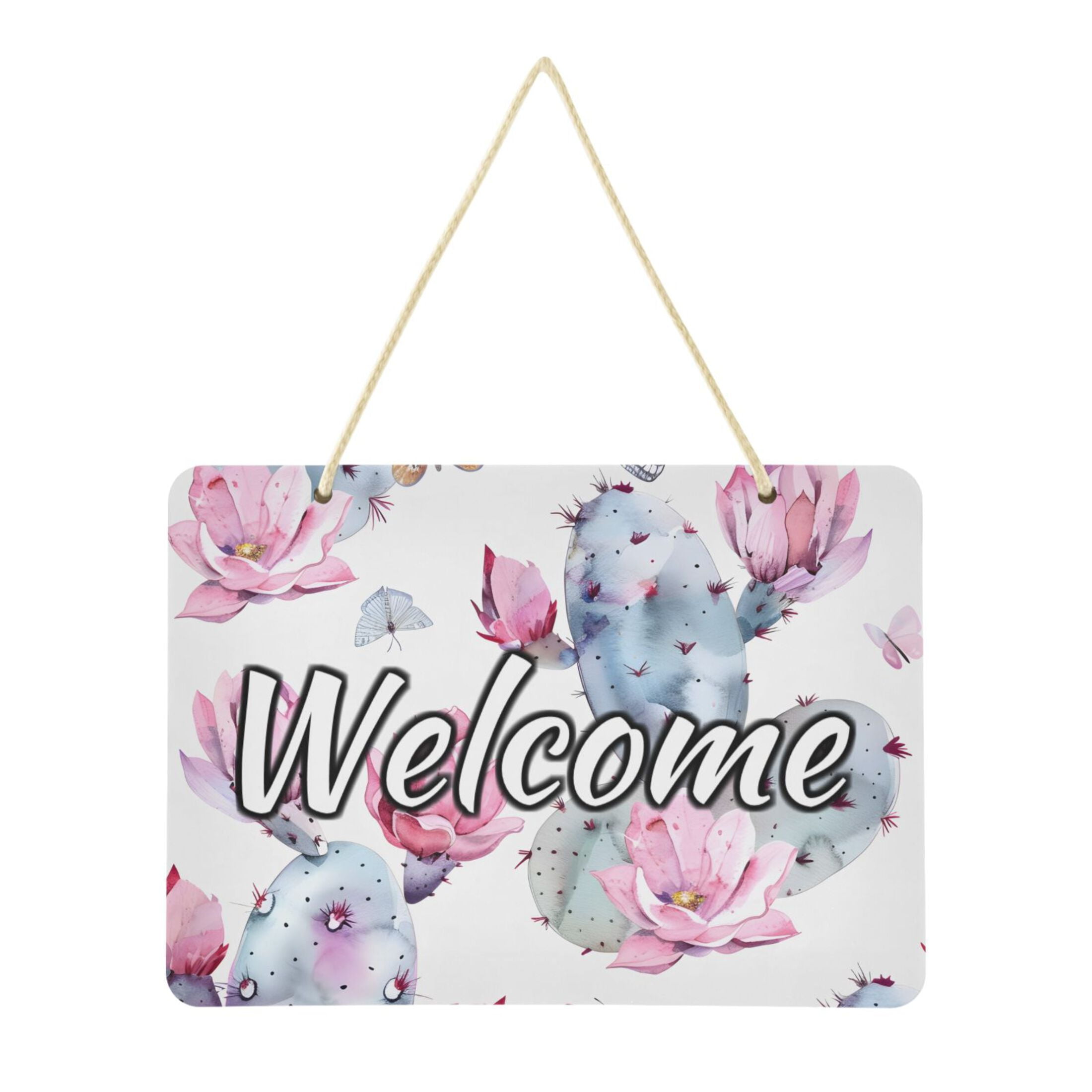 Welcome Door Sign Decoration Pink Opuntia Cactus 13.8" Rectangular ...