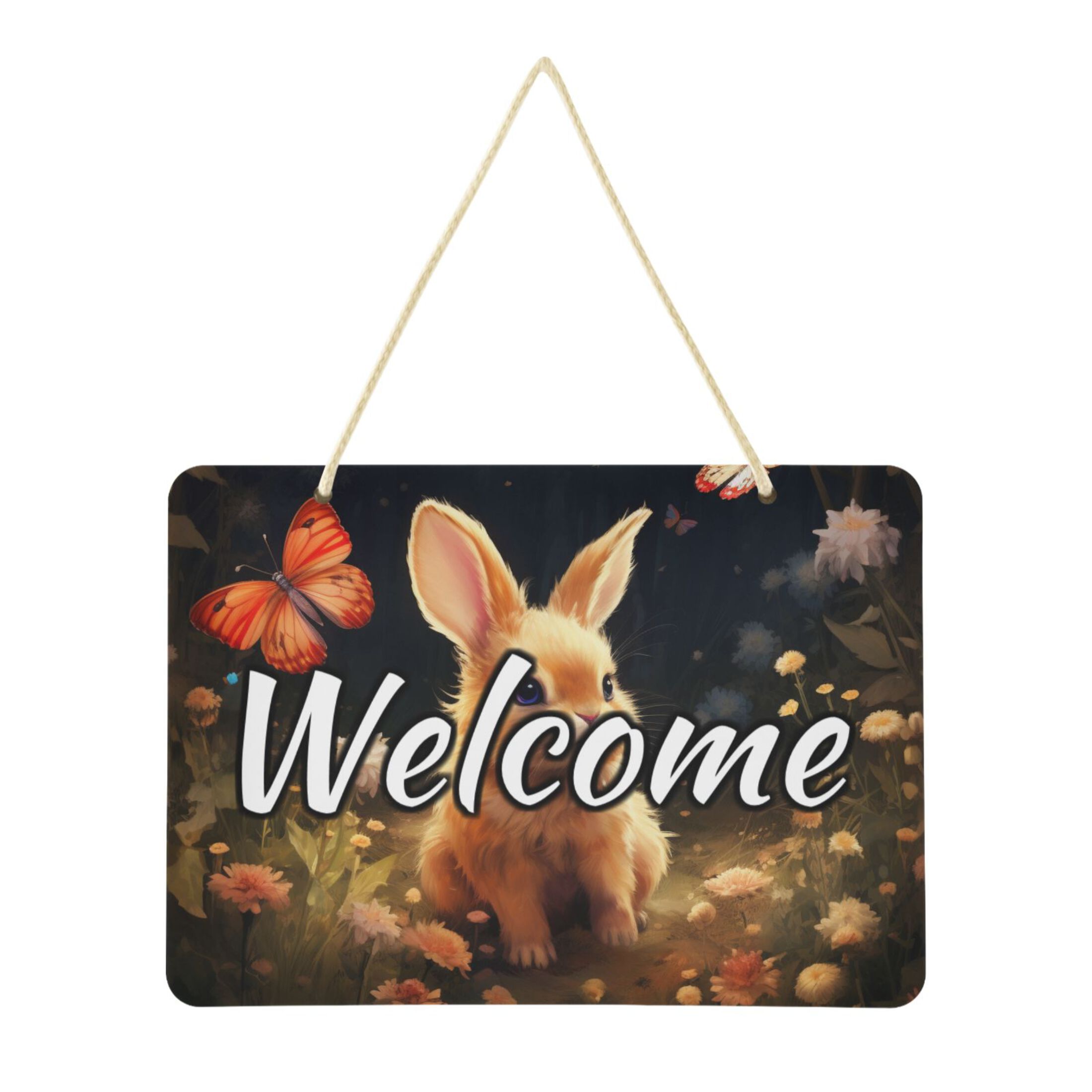 Welcome Door Sign Decoration Rabbit in Butterflies and Flowers 13.8 ...