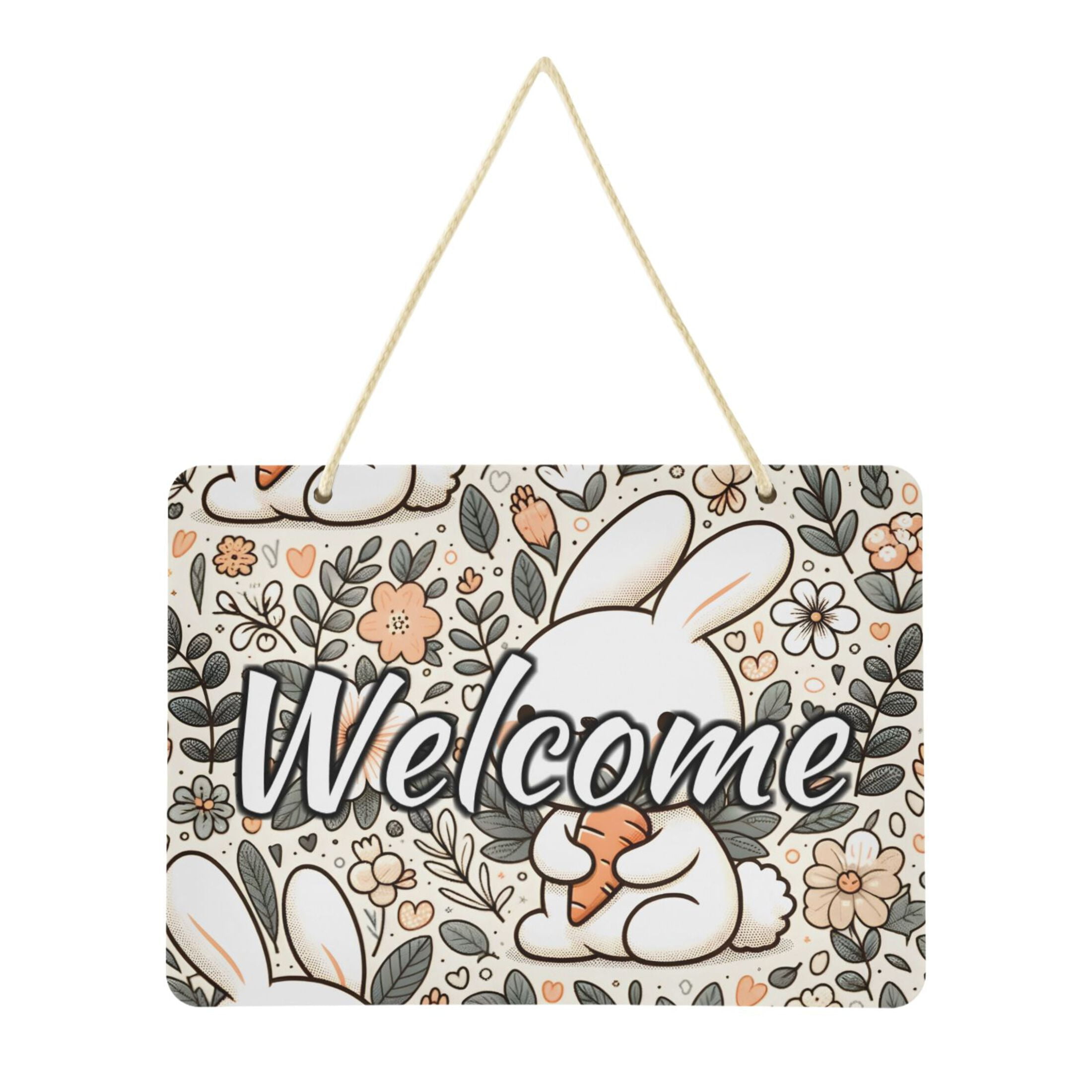 Welcome Door Sign Decoration Rabbits Carrot and Floral 13.8 ...