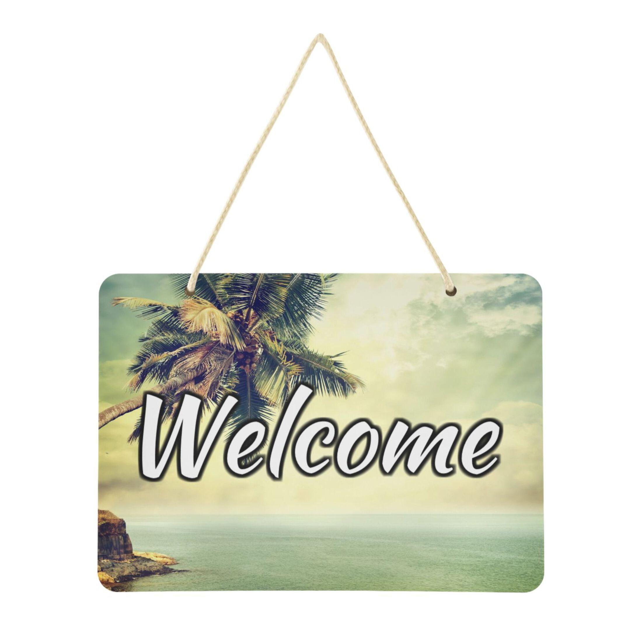 Welcome Door Sign Decoration Retro Palm Tree and Sea 13.8" Rectangular ...