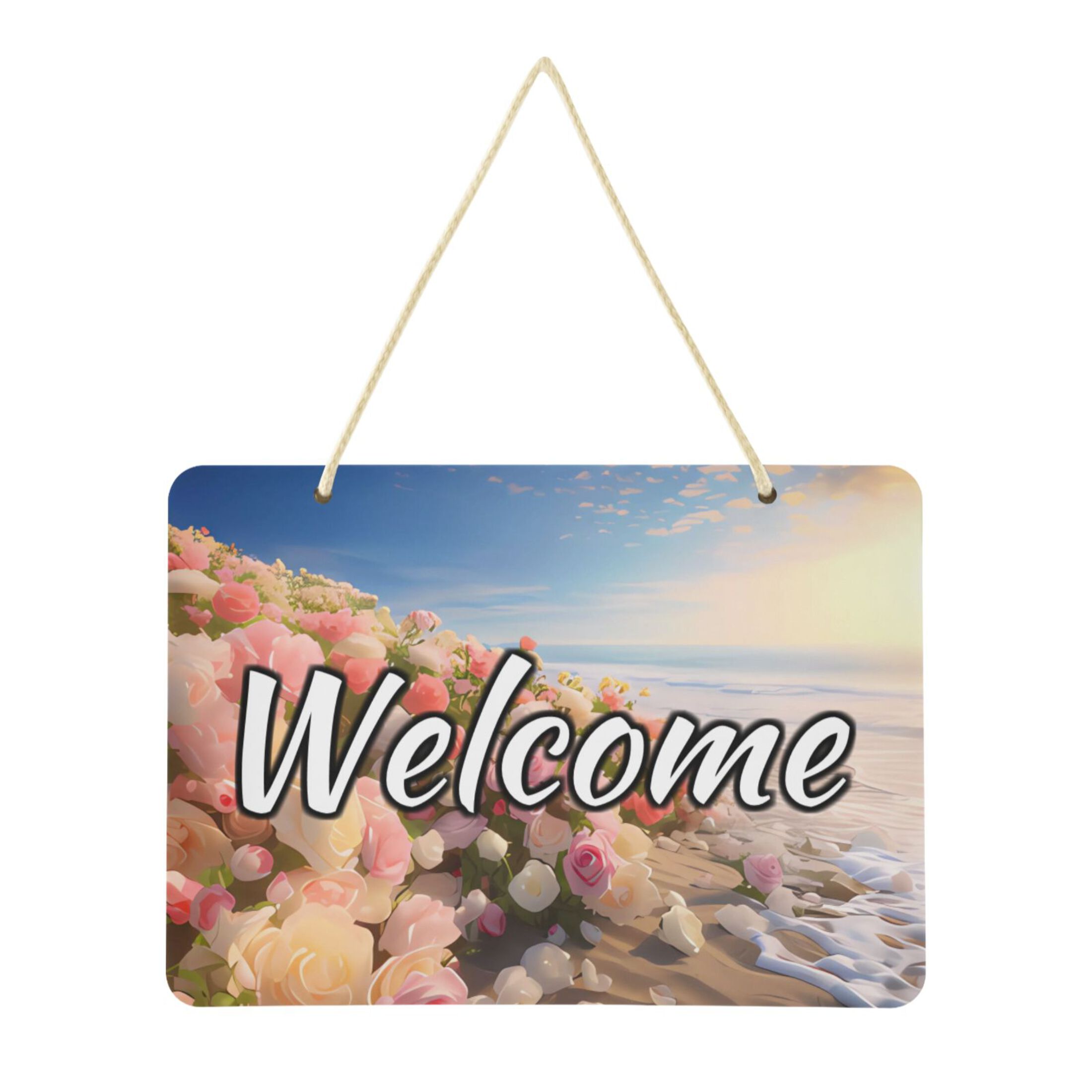 Welcome Door Sign Decoration Rose Flowers on Beach 13.8" Rectangular ...