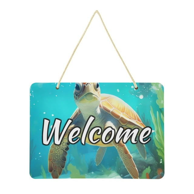 Welcome Door Sign Decoration Sea Turtle and Seaweed 13.8" Rectangular ...
