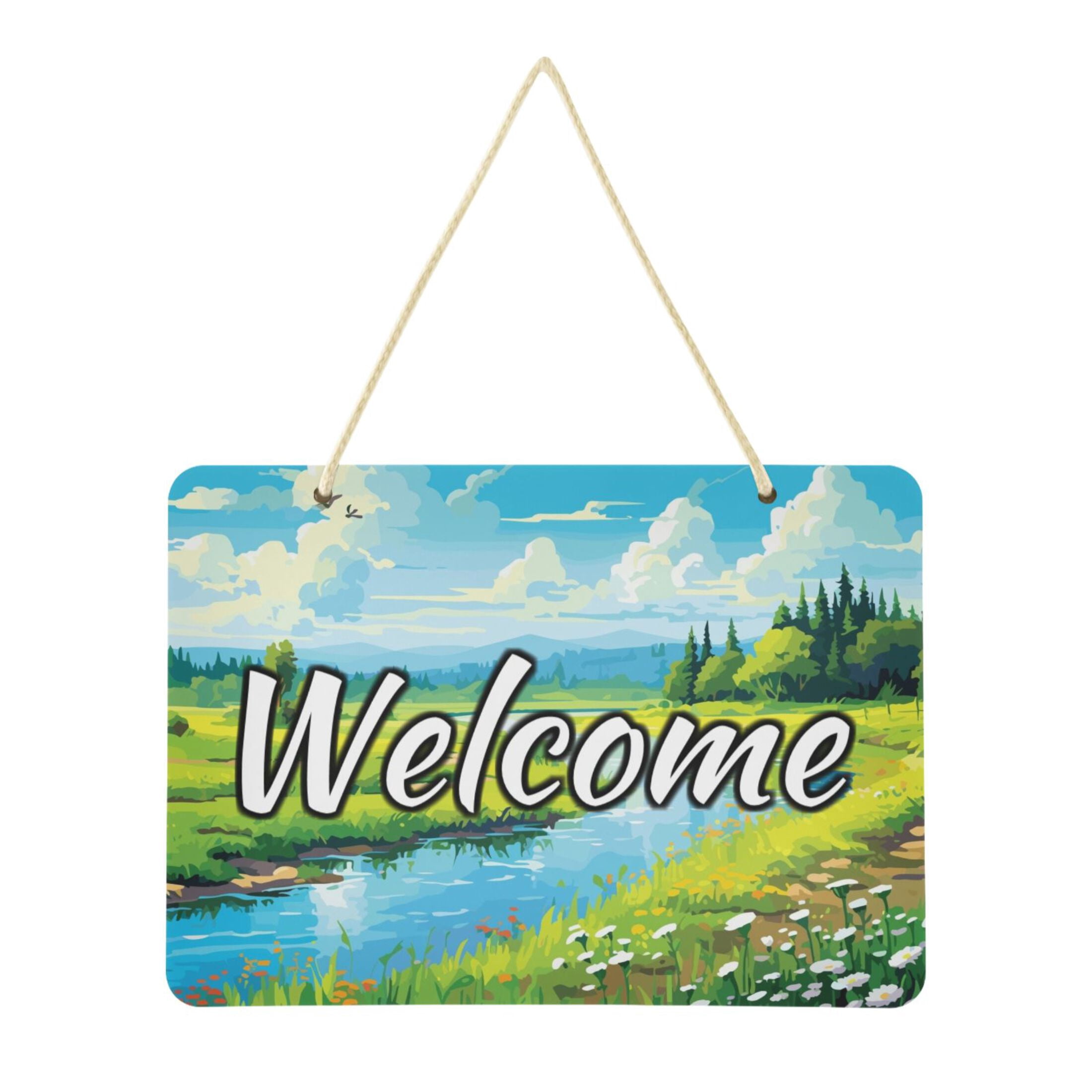 Welcome Door Sign Decoration Summer Landscape Green 13.8" Rectangular ...