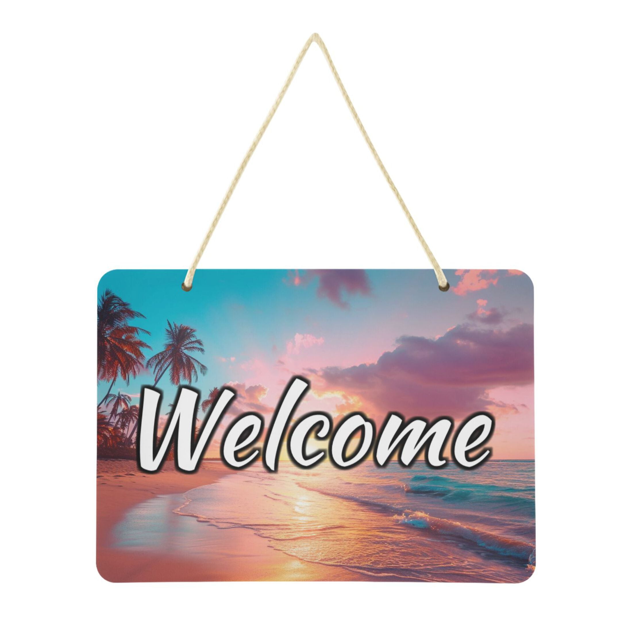 Welcome Door Sign Decoration Sunset Beach Landscape 13.8" Rectangular ...