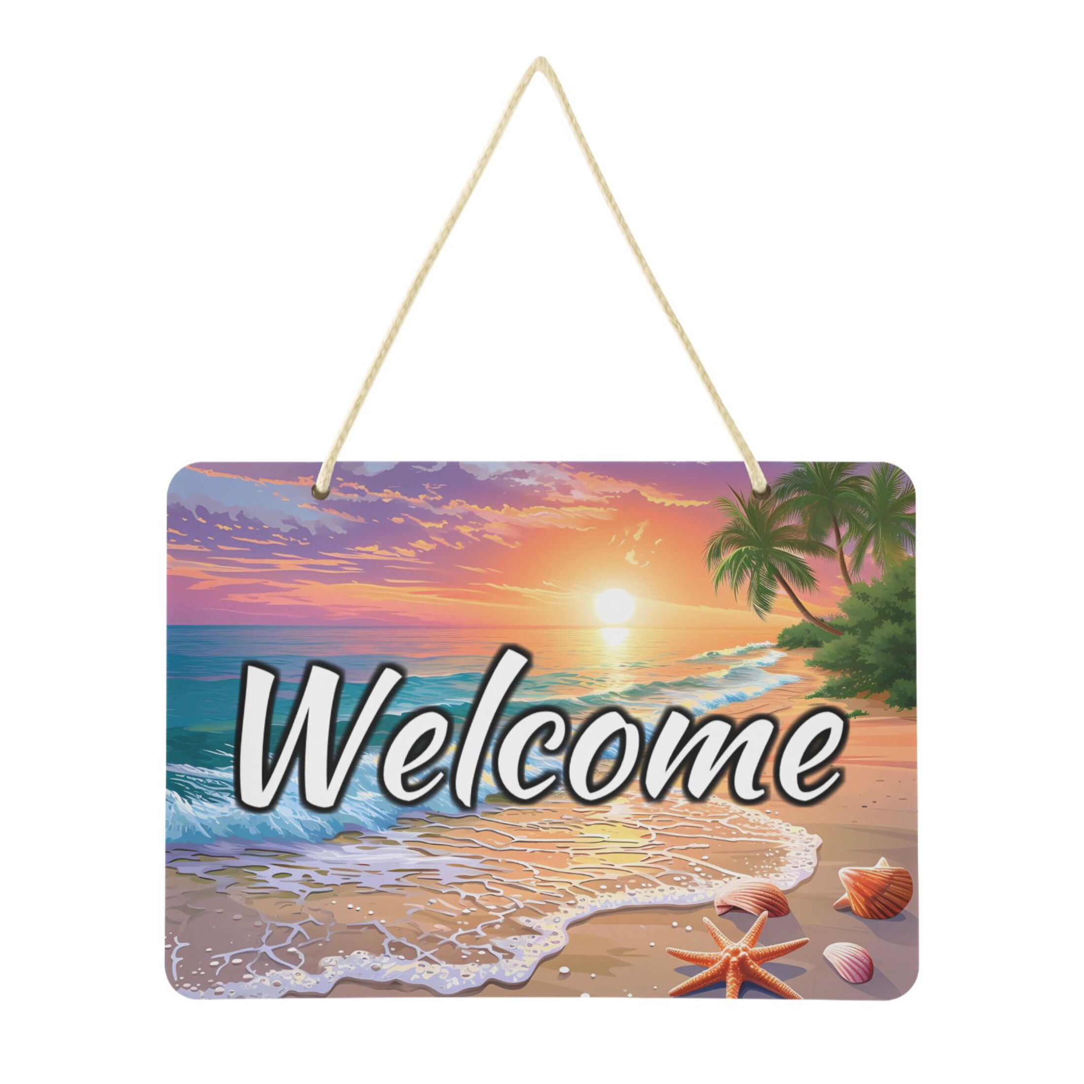 Welcome Door Sign Decoration Sunset Beach Seastar Palm Tree 13.8 ...