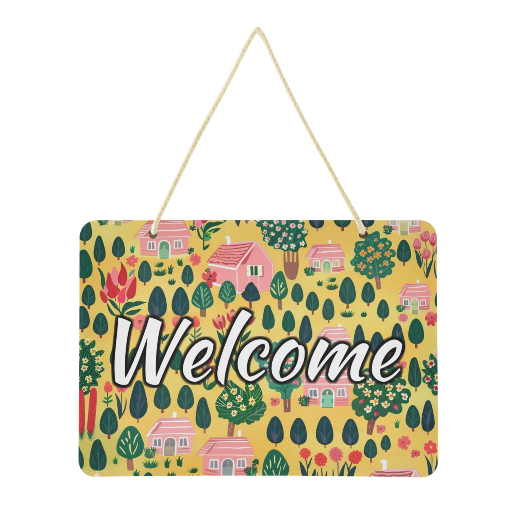 Welcome Door Sign Decoration Tree and House 13.8" Rectangular Front ...