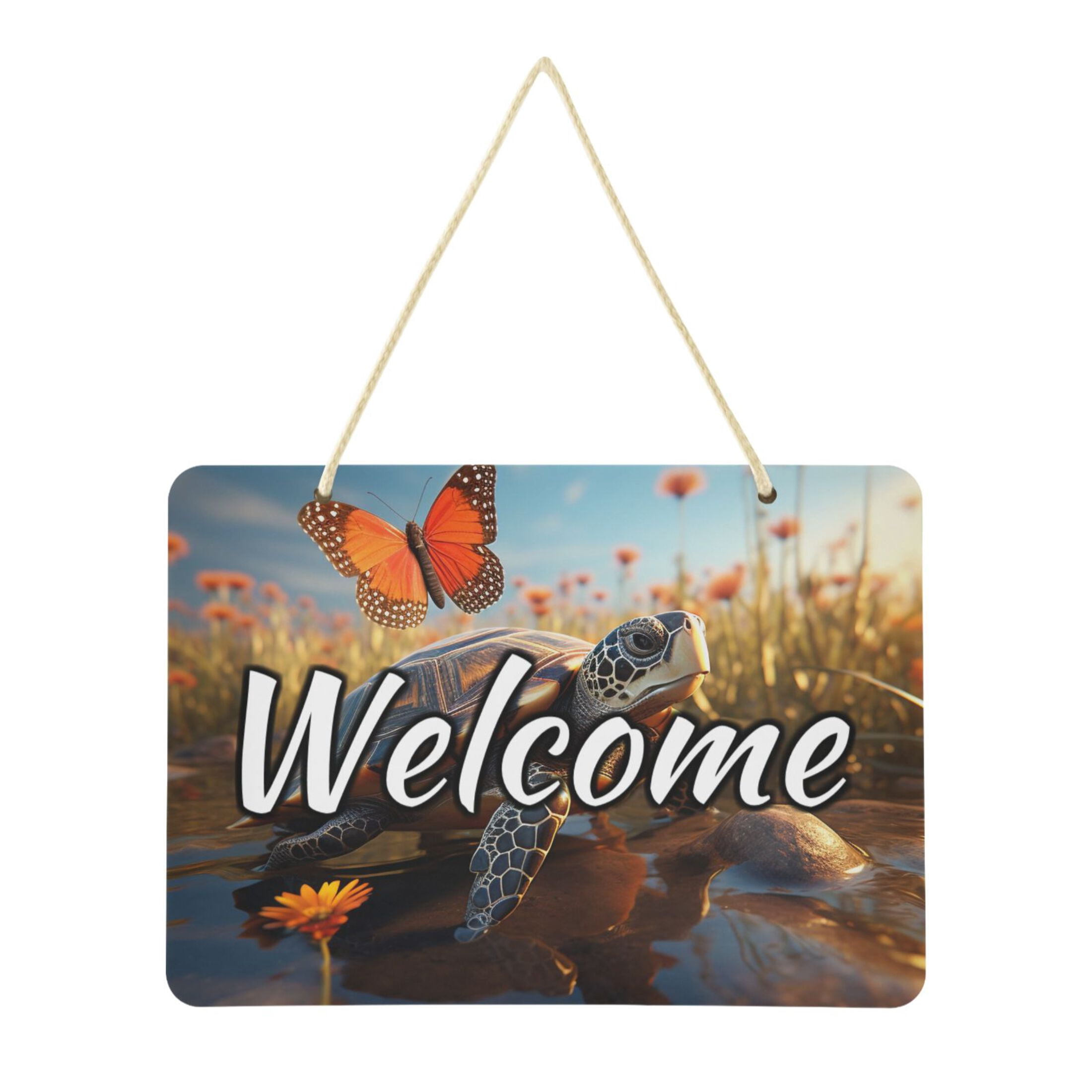 Welcome Door Sign Decoration Turtle and Butterfly 13.8" Rectangular ...
