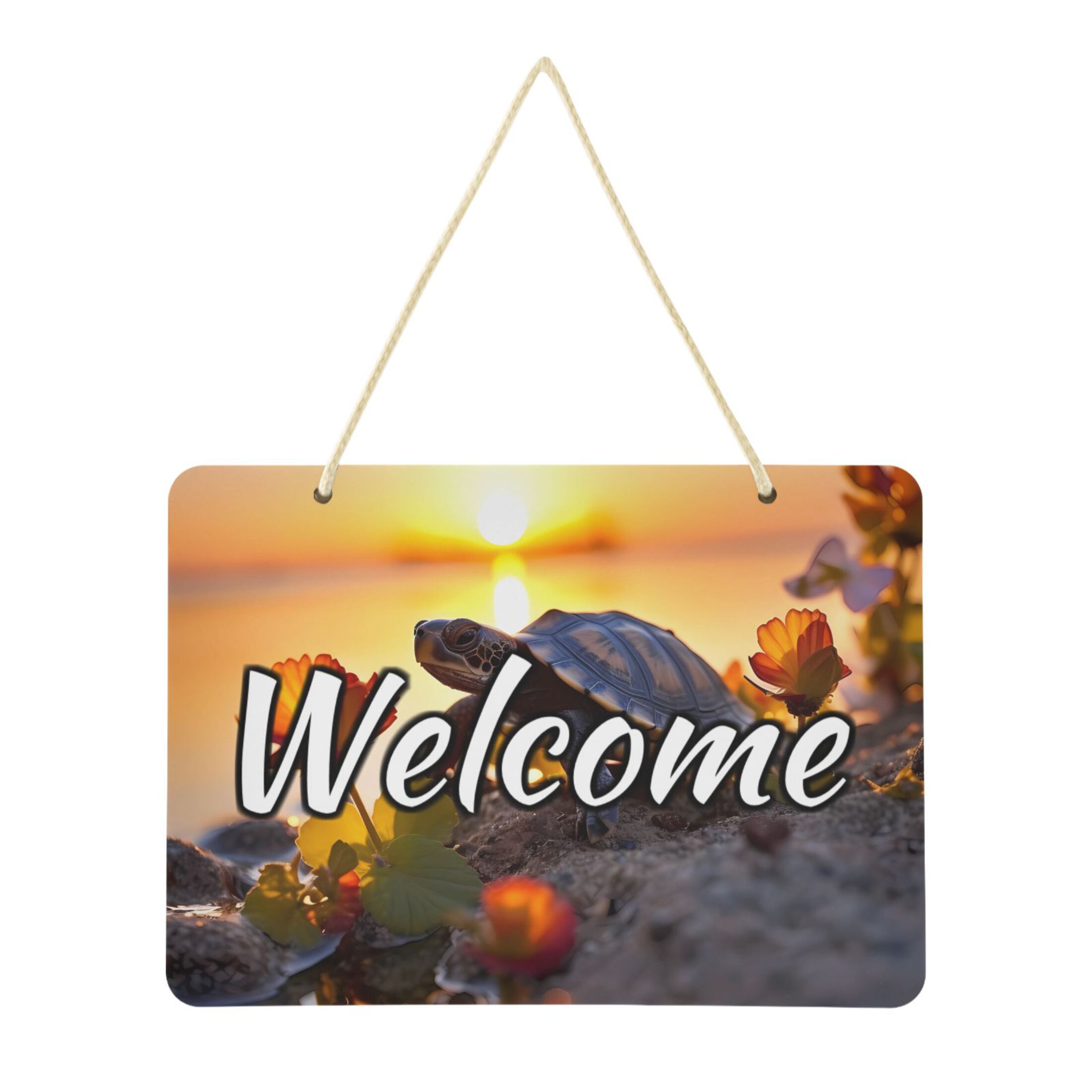 Welcome Door Sign Decoration Turtle with Sunset 13.8" Rectangular Front ...