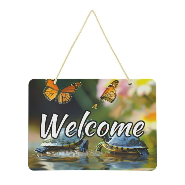 Welcome Door Sign Decoration Turtles Butterfly 13.8" Rectangular Front ...